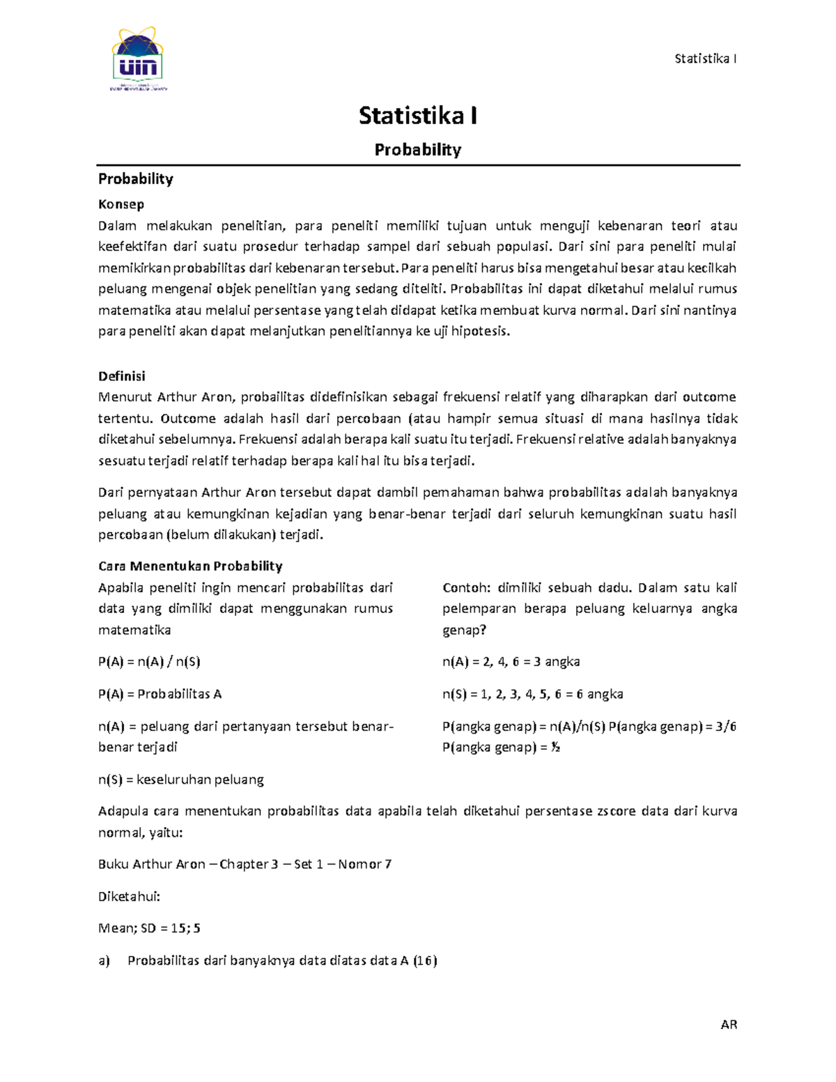 Statistika I [Probability] - Statistika I AR Statistika I Probability Probability Konsep Dalam ...