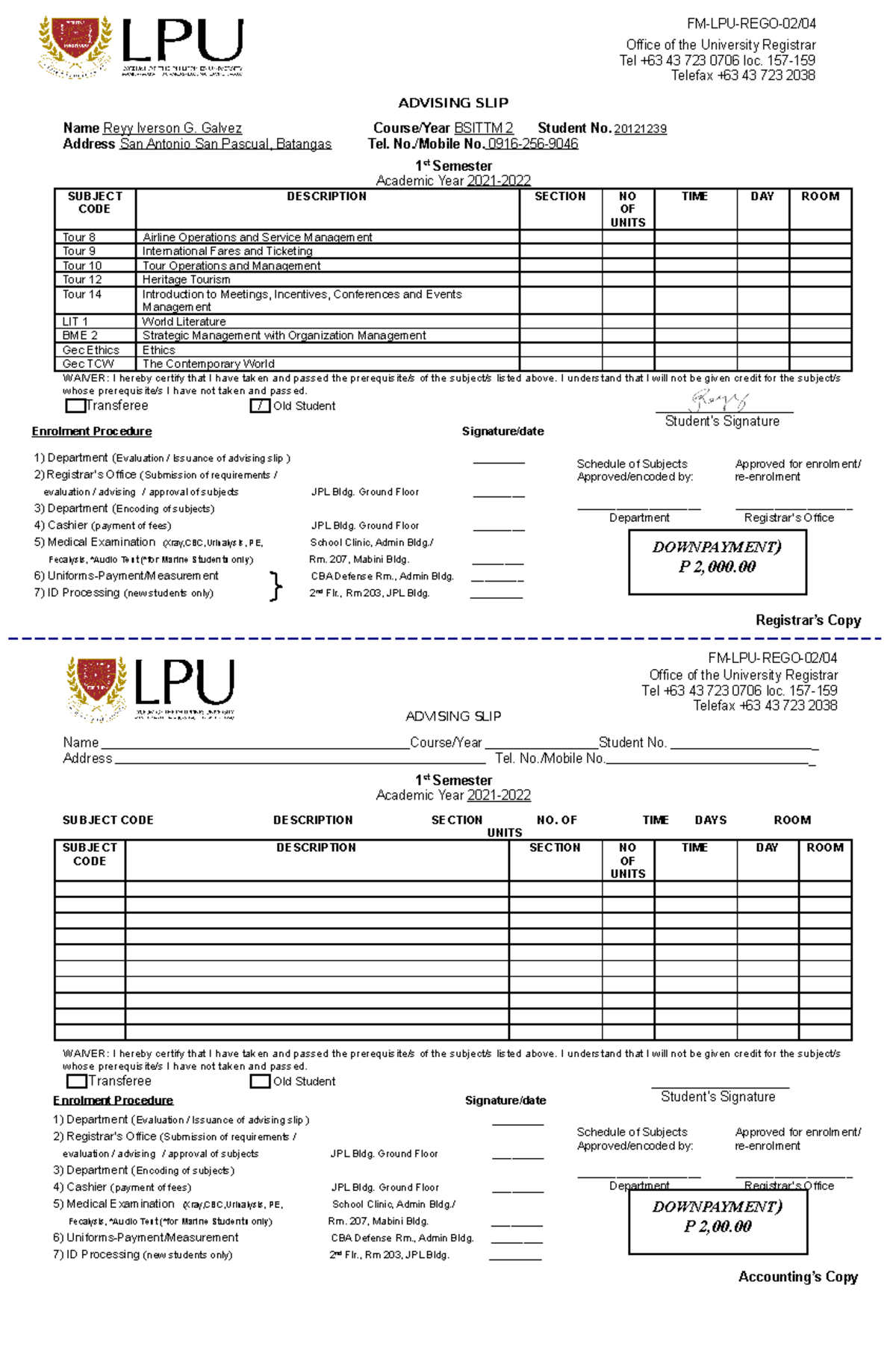 Reyy Iverson G. Galvez - Advising-SLIP - FM-LPU-REGO-02/ Office of the ...