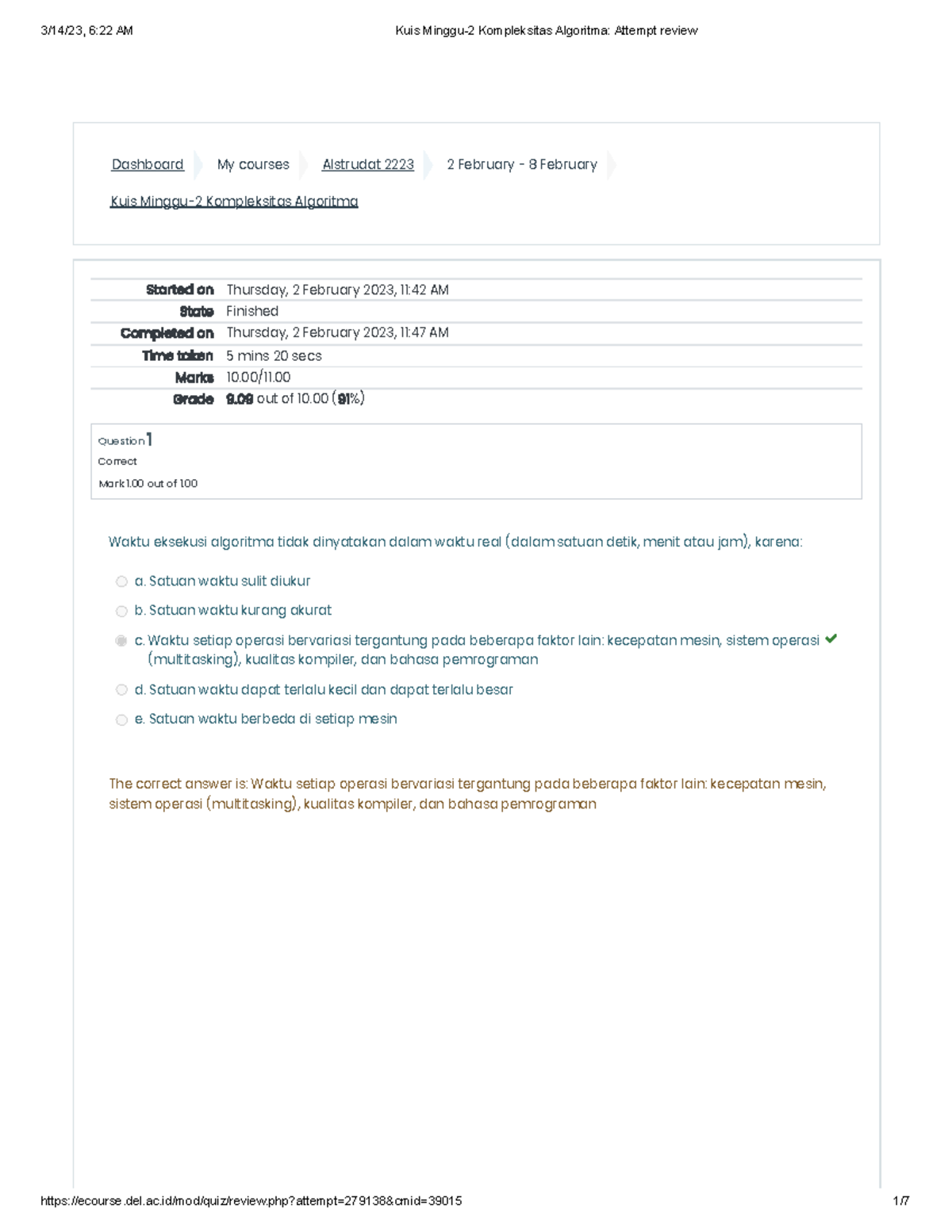 Kuis Minggu-2 Kompleksitas Algoritma Attempt review - Dashboard My courses Alstrudat 2223 2 ...