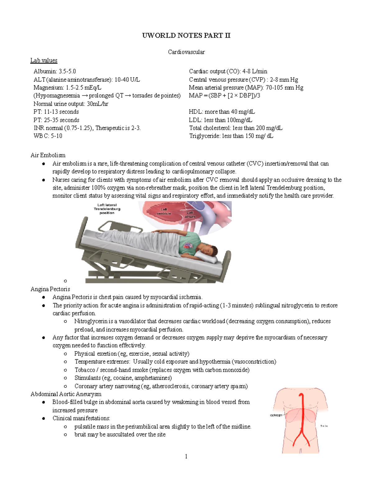 UWorld II - nclex review - UWORLD NOTES PART II Cardiovascular Lab ...
