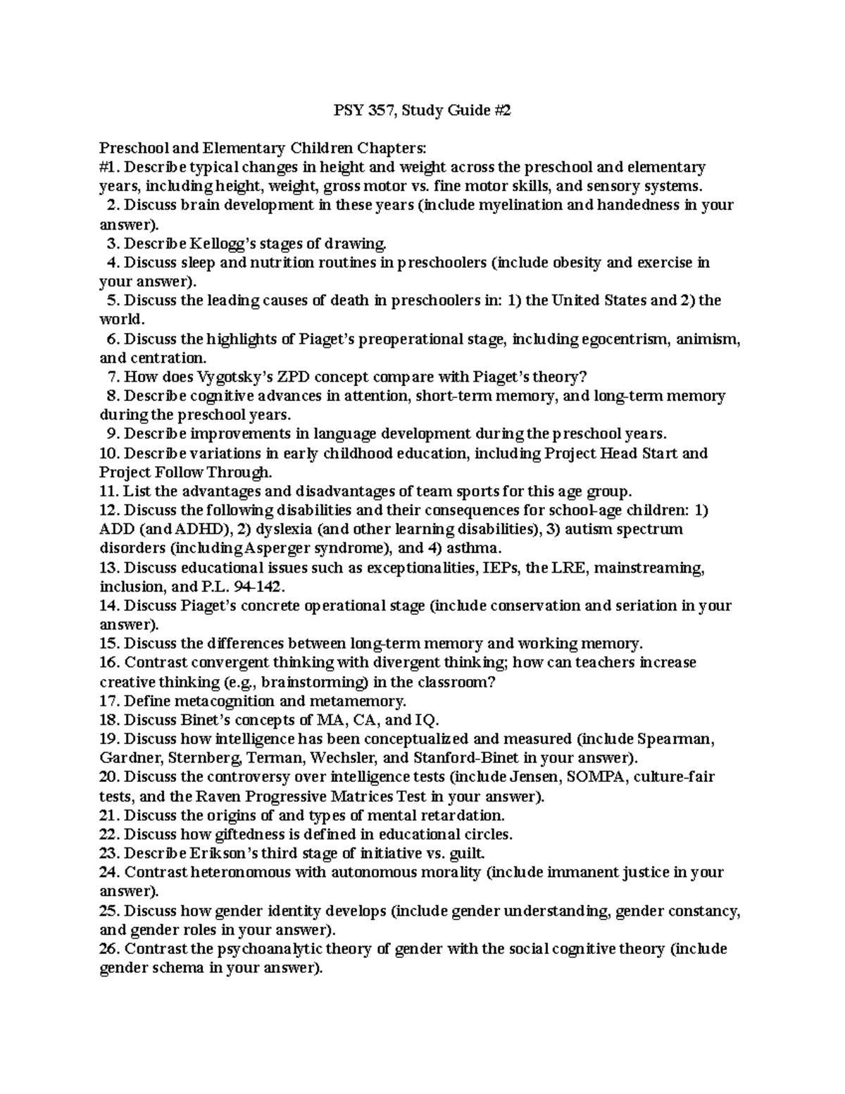 PSY 355, Study Guide #2, Spring, 2023 - PSY 357, Study Guide # Preschool and Elementary Children ...