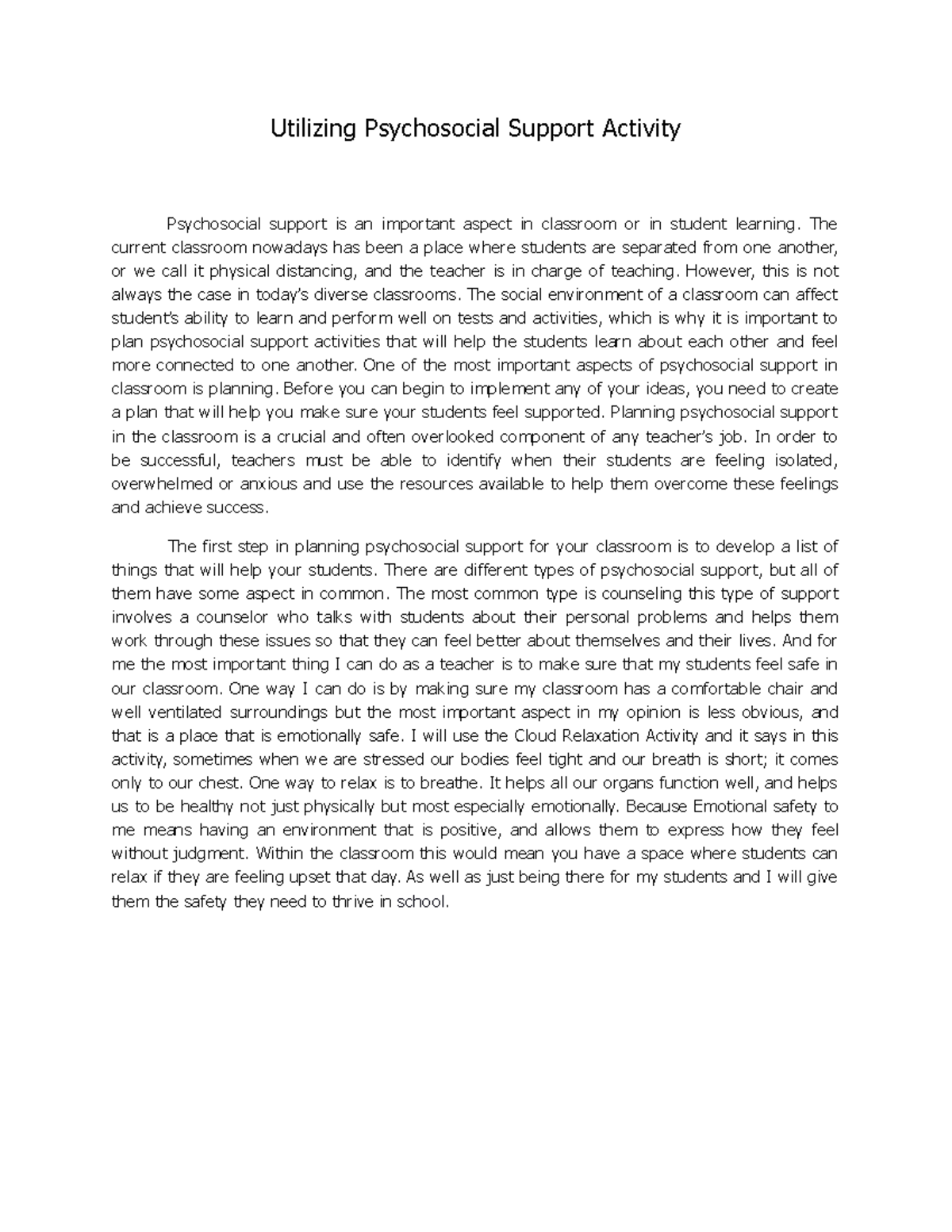 Essay writing - Utilizing Psychosocial Support Activity Psychosocial ...