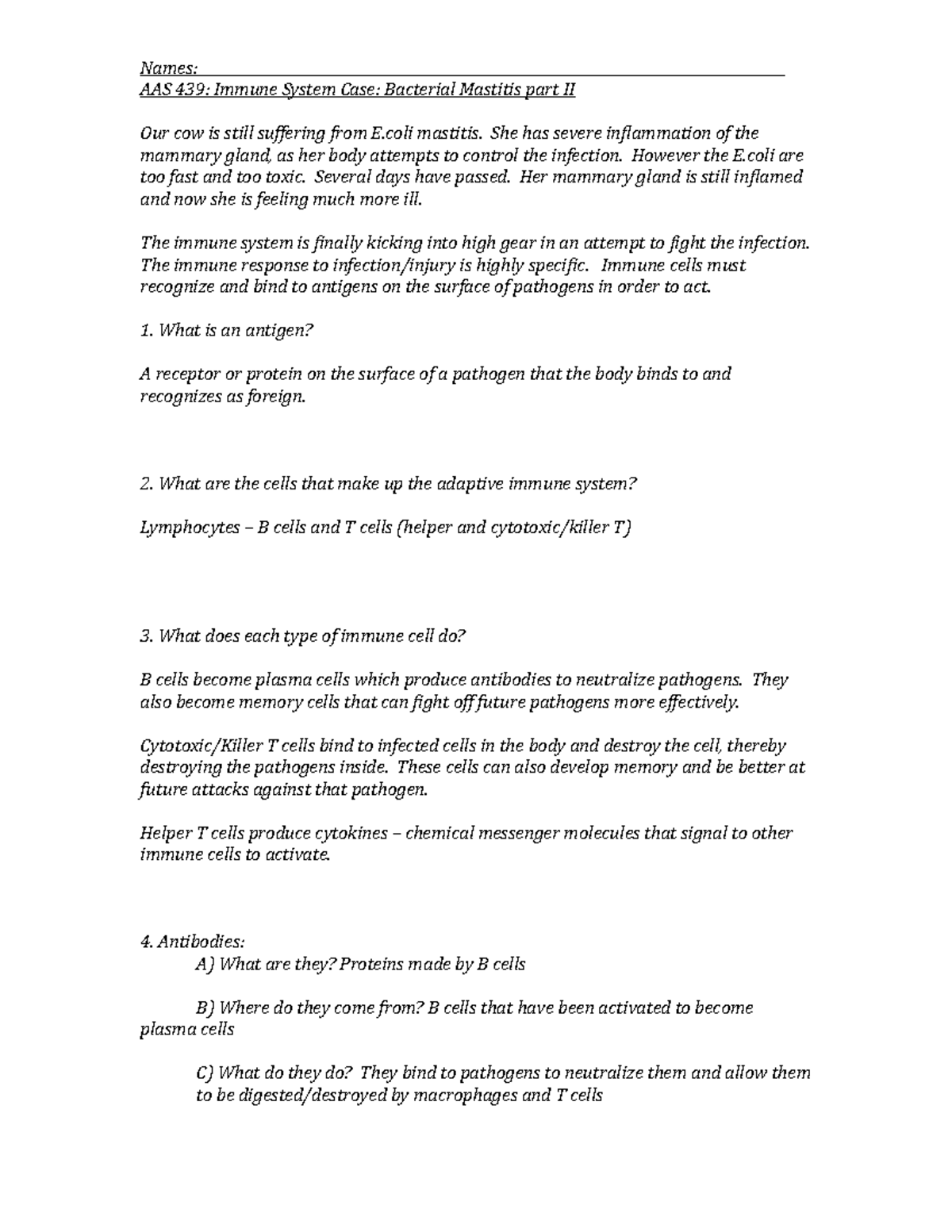 Immunity case KEY - Answer Key - Names: AAS 439: Immune System Case ...