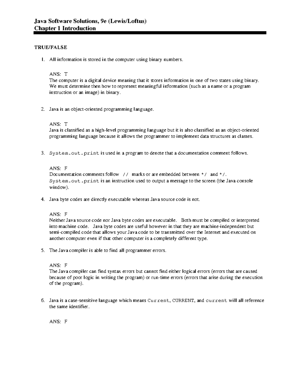 Itec 1620 Testbanks Practice Java Software Solutions 9e Lewis Loftus Chapter 1