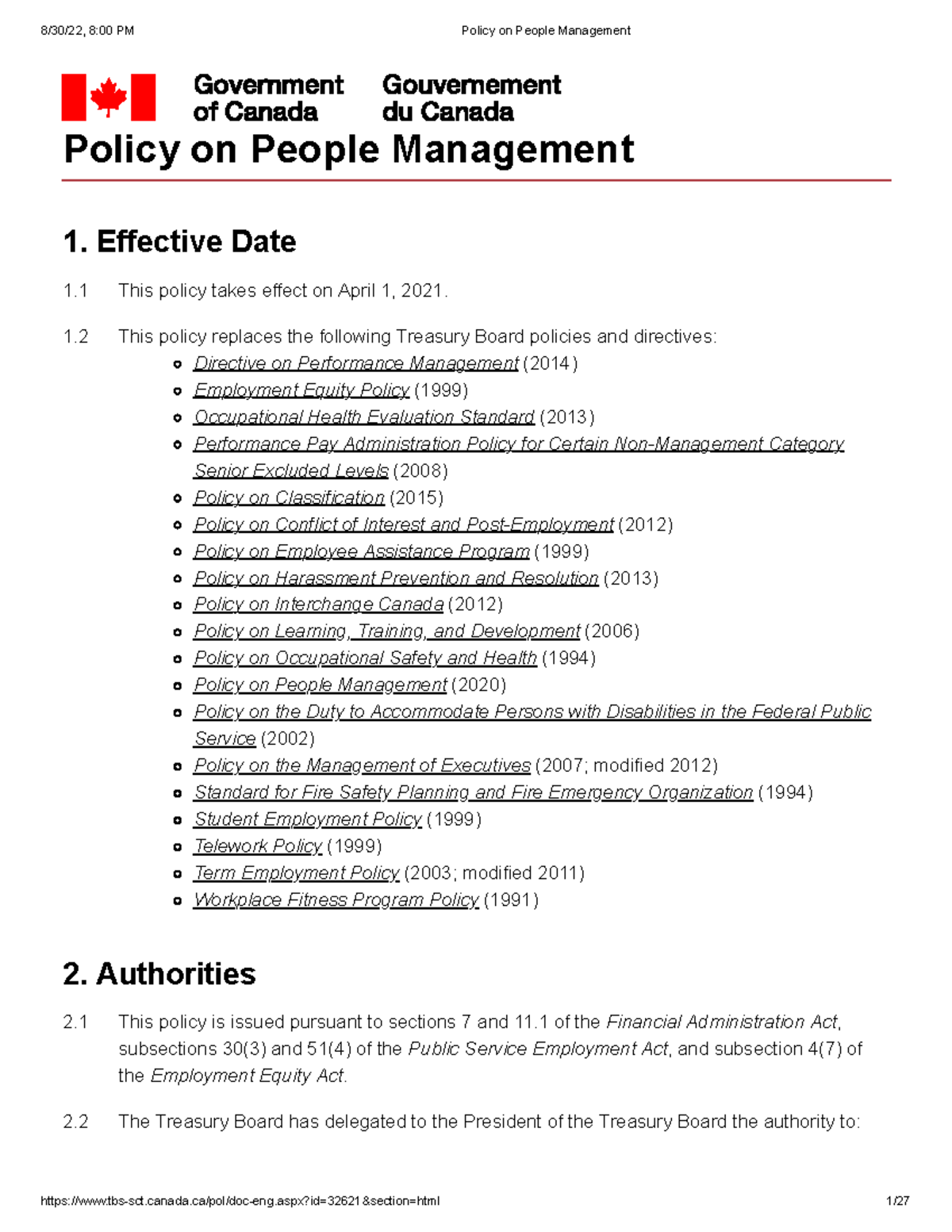 Policy on People Management - Effective Date 2. Authorities This policy ...