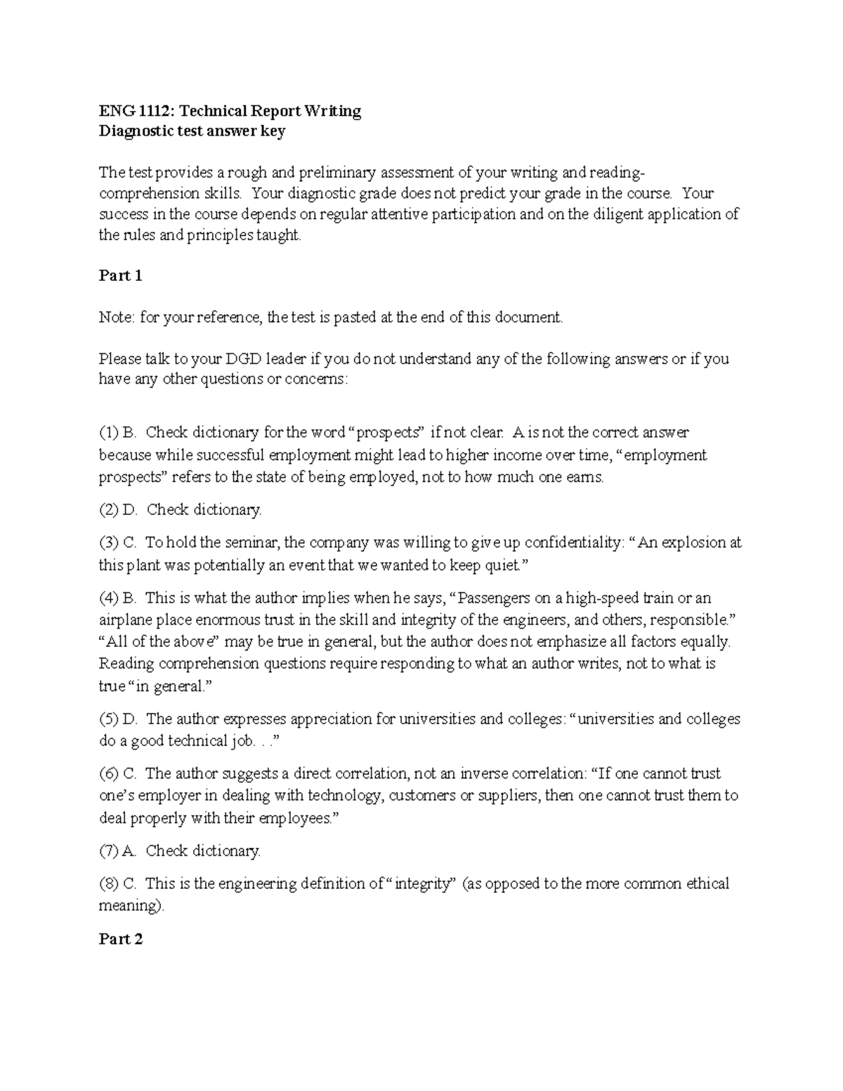 Diagnostic Test Answer Key ENG 1112 Technical Report Writing 