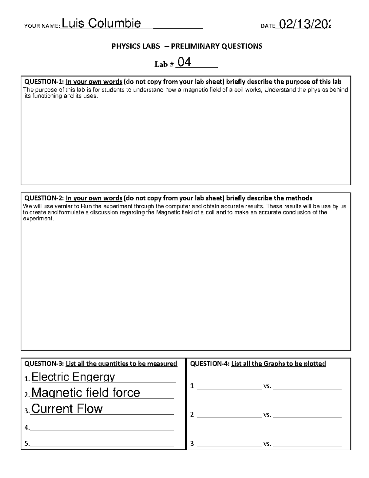 PHY2049L(7123) Miami Dade College Lab assigments - YOUR - Studocu