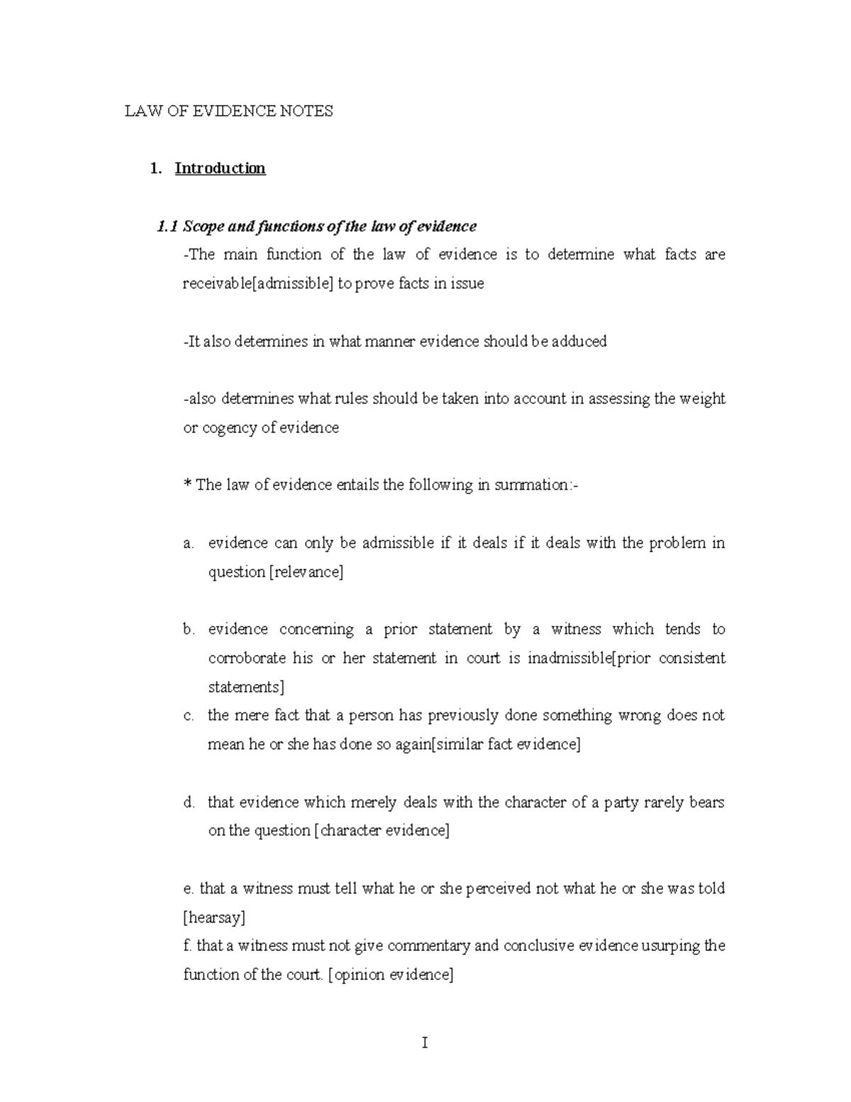 Evidence notes (2)-1 - LAW OF EVIDENCE NOTES Introduction 1 Scope and ...