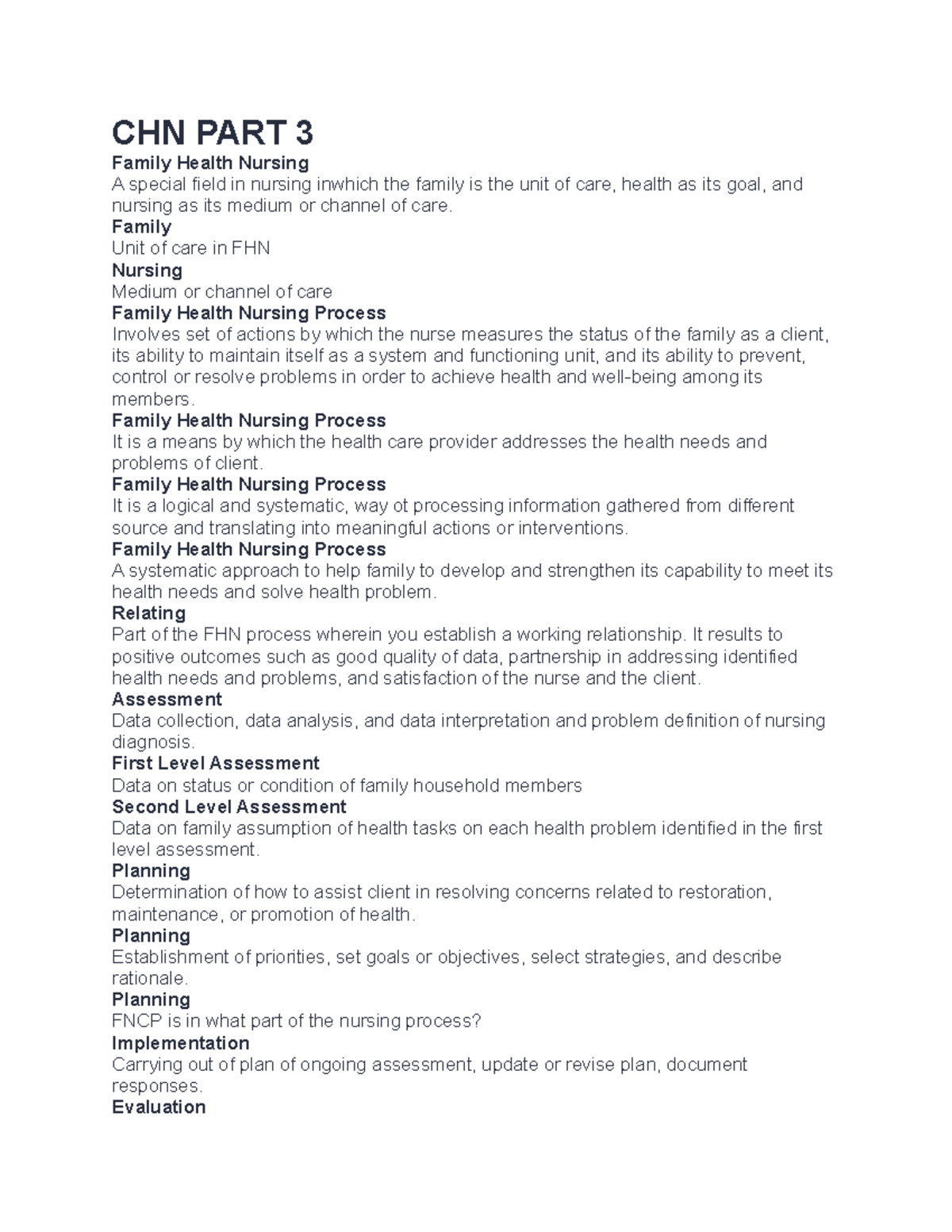 CHN PART 3 - Community Health Nursing - CHN PART 3 Family Health ...