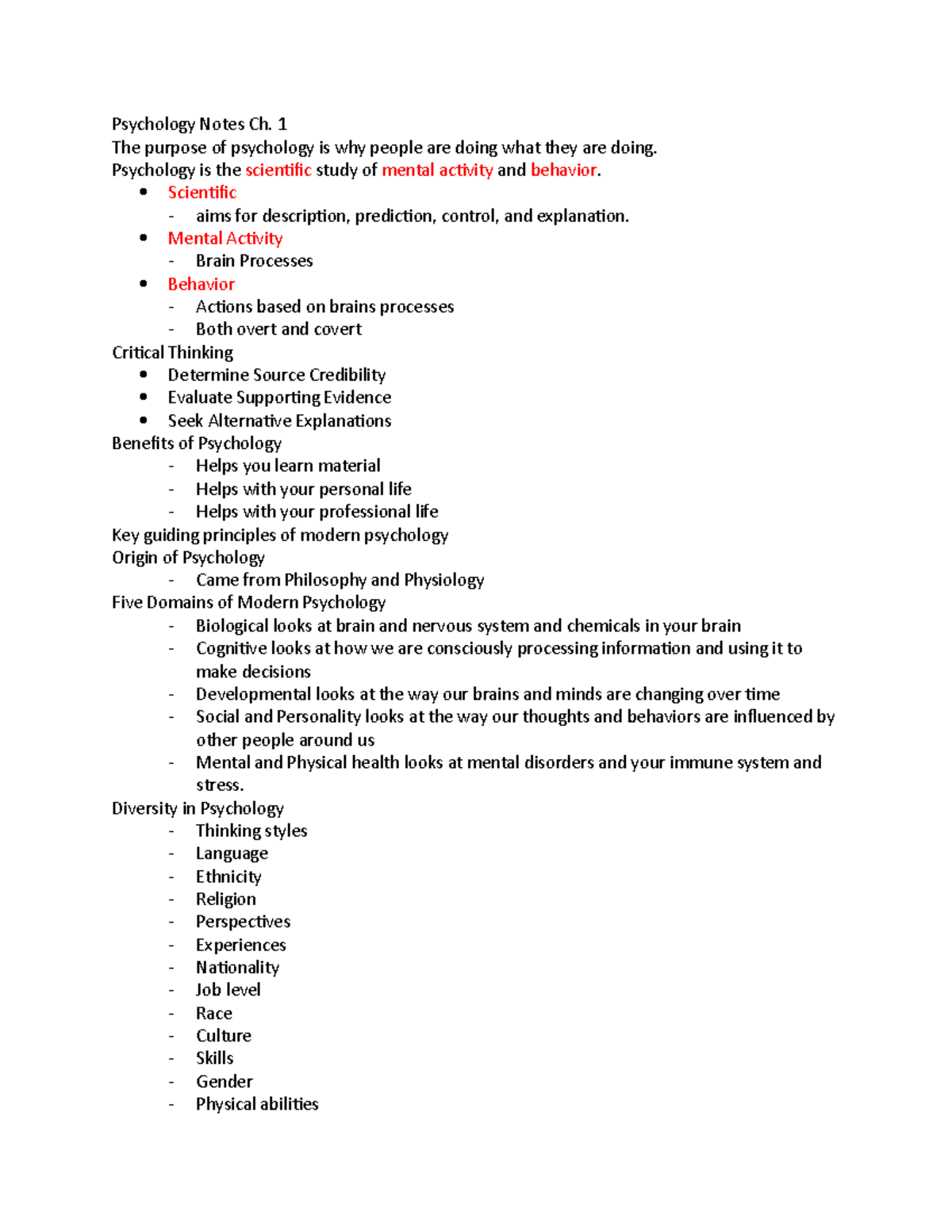 Psychology Notes Ch 1 - 1 The purpose of psychology is why people are ...