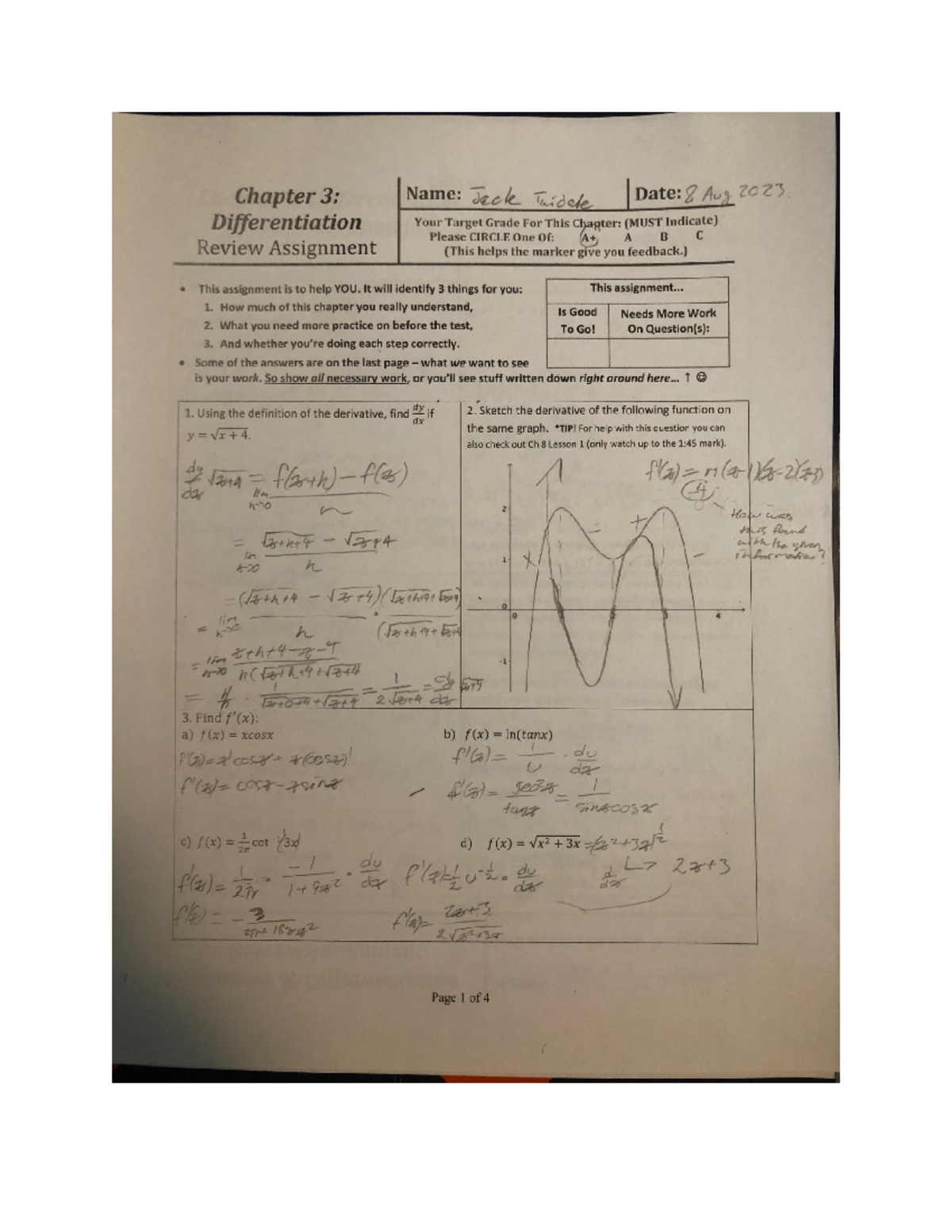 Calculus 12 Chapter 3 Review Work - Chapter 3: Name: Jack Twidale Date: 8 Aug 2023 ...