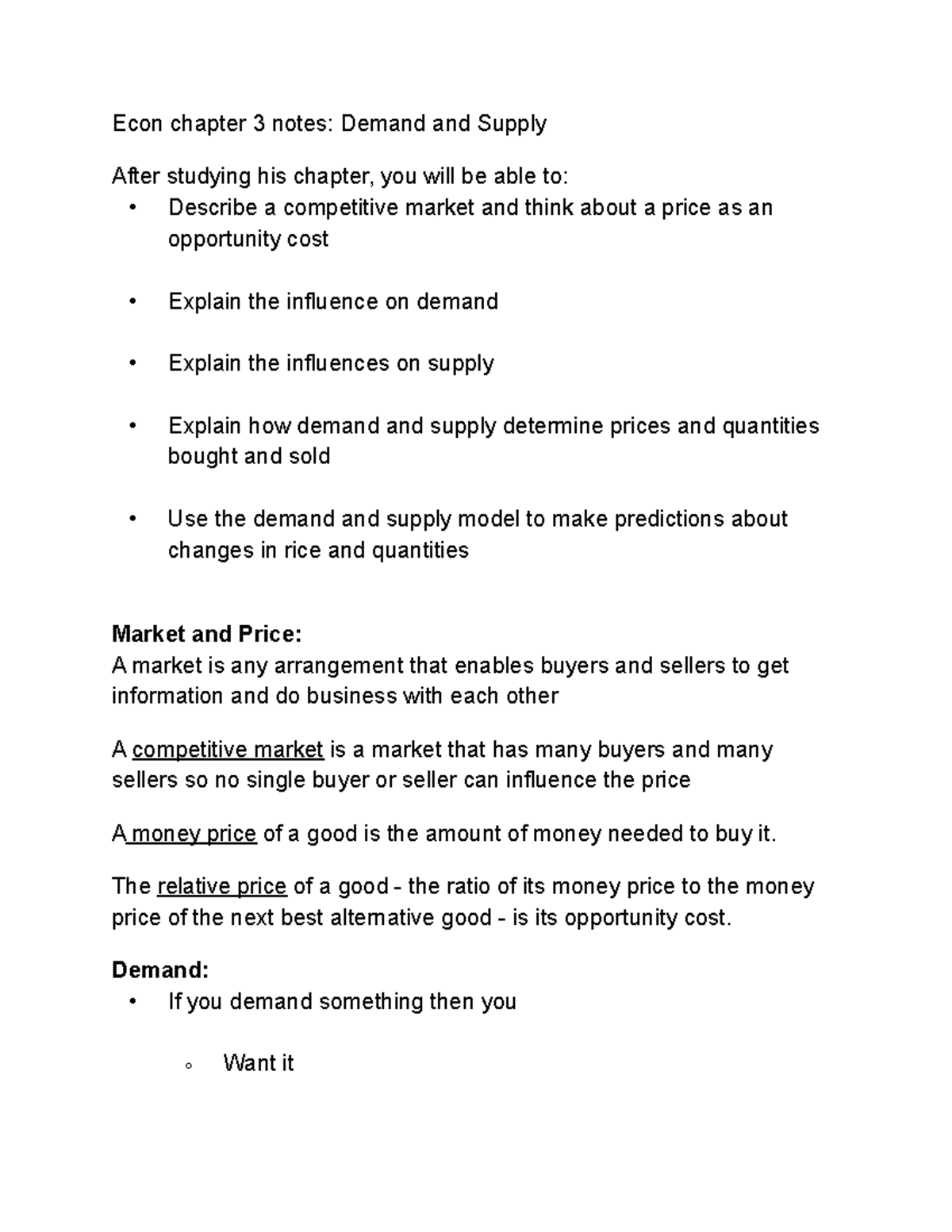 Chapter 3 Econ Notes PDF - Econ chapter 3 notes: Demand and Supply ...