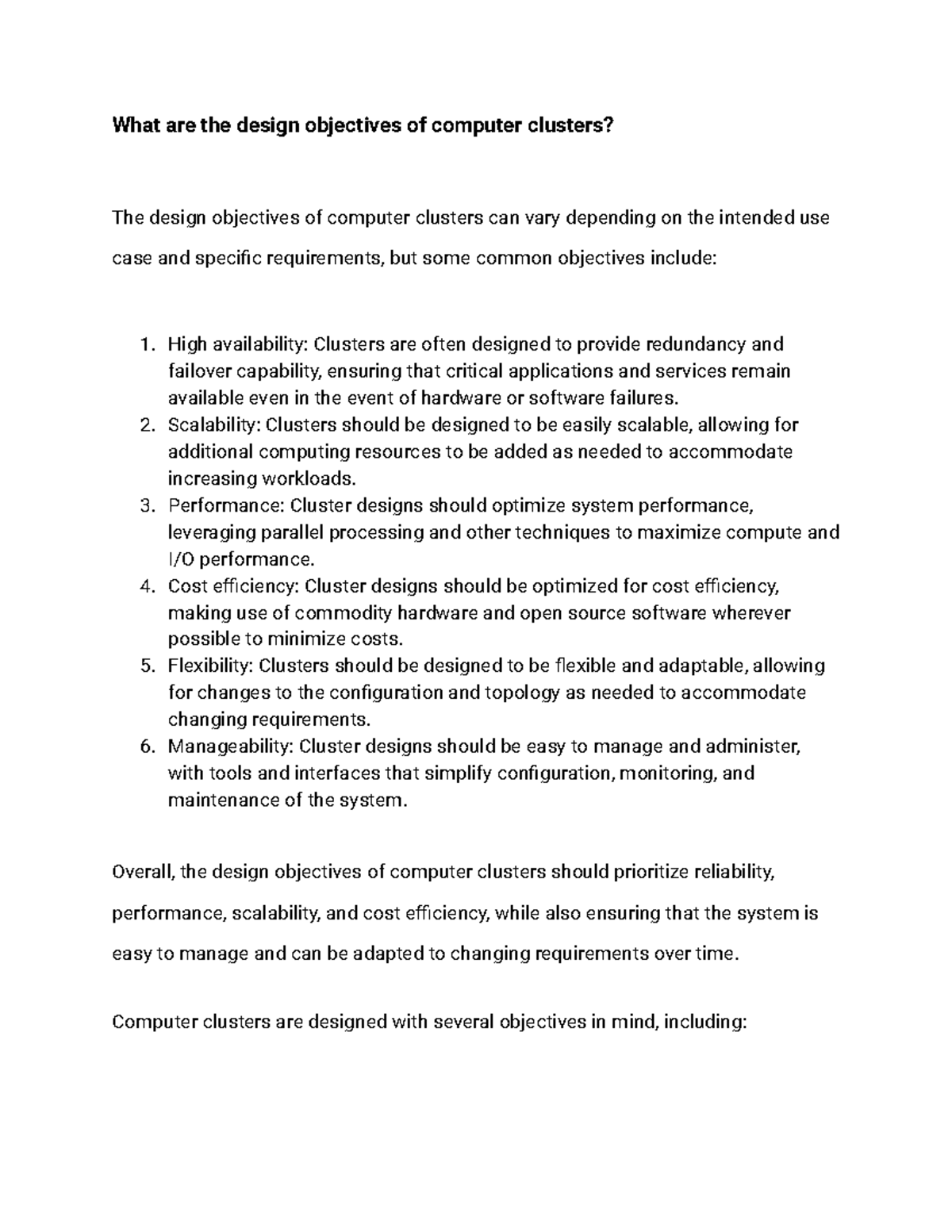 What are the design objectives of computer clusters - Scalability ...