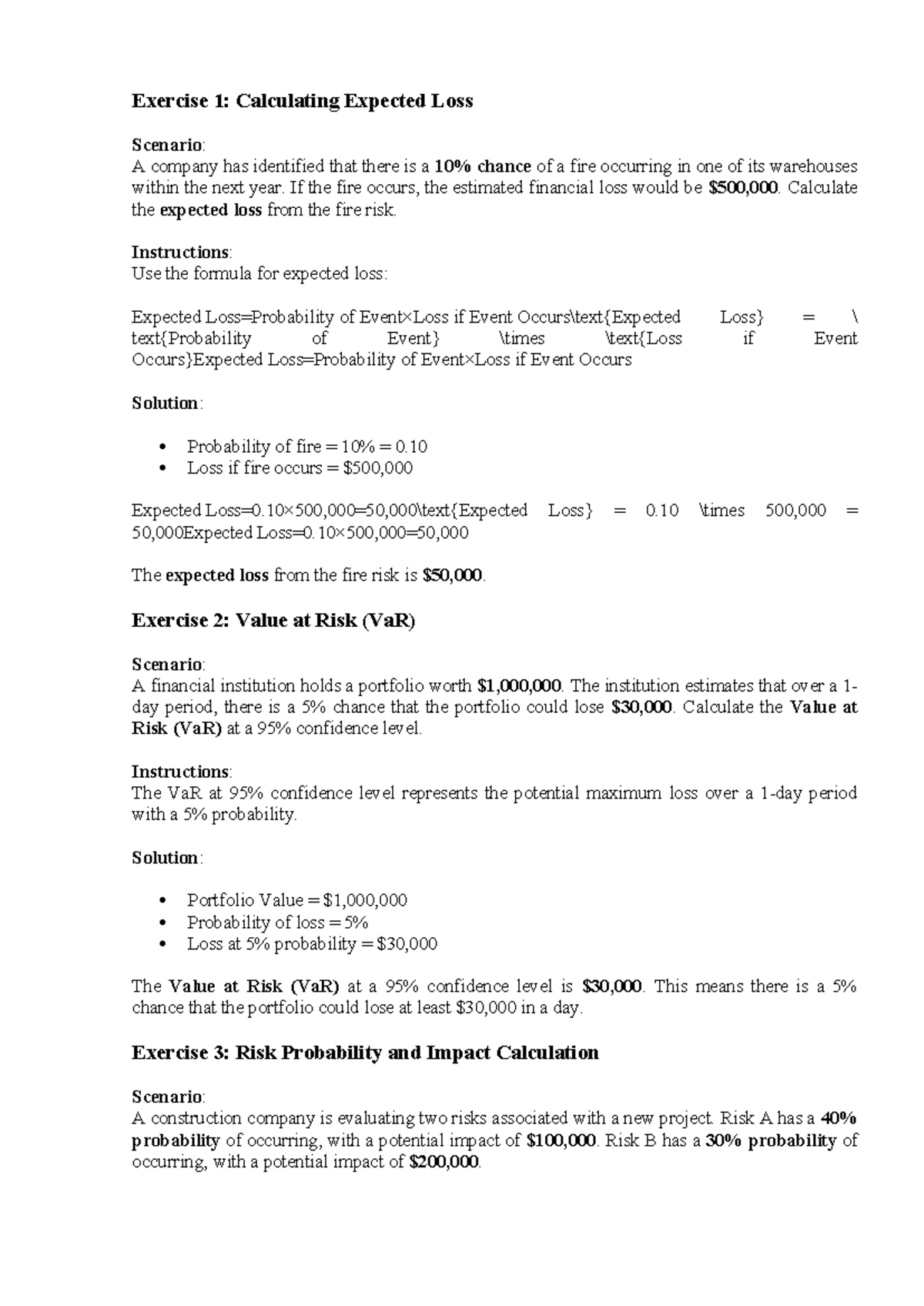Risk management Exercises with solutions - Exercise 1: Calculating ...
