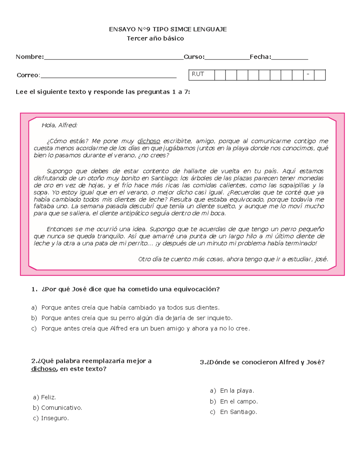 Ensayo 9 - prueba de conocimientos - ENSAYO N°9 TIPO SIMCE LENGUAJE ...