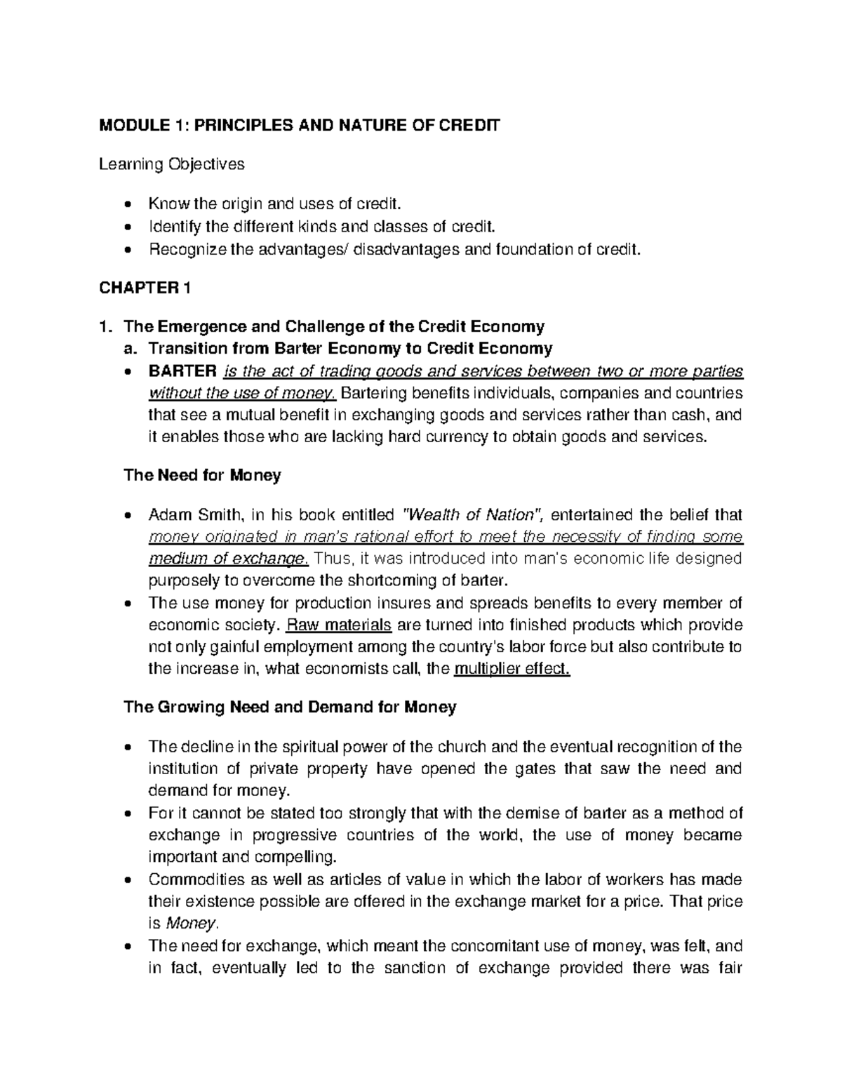 Principles and Nature of Credit - MODULE 1: PRINCIPLES AND NATURE OF ...