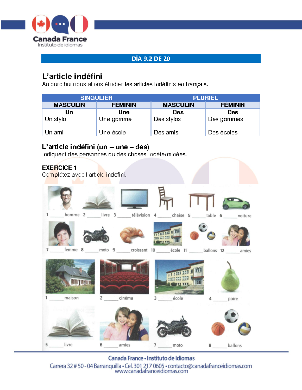 DIA 92 - Ejercicios - EL Articulo Indefinido - DÍA 9 DE 20 L’article ...