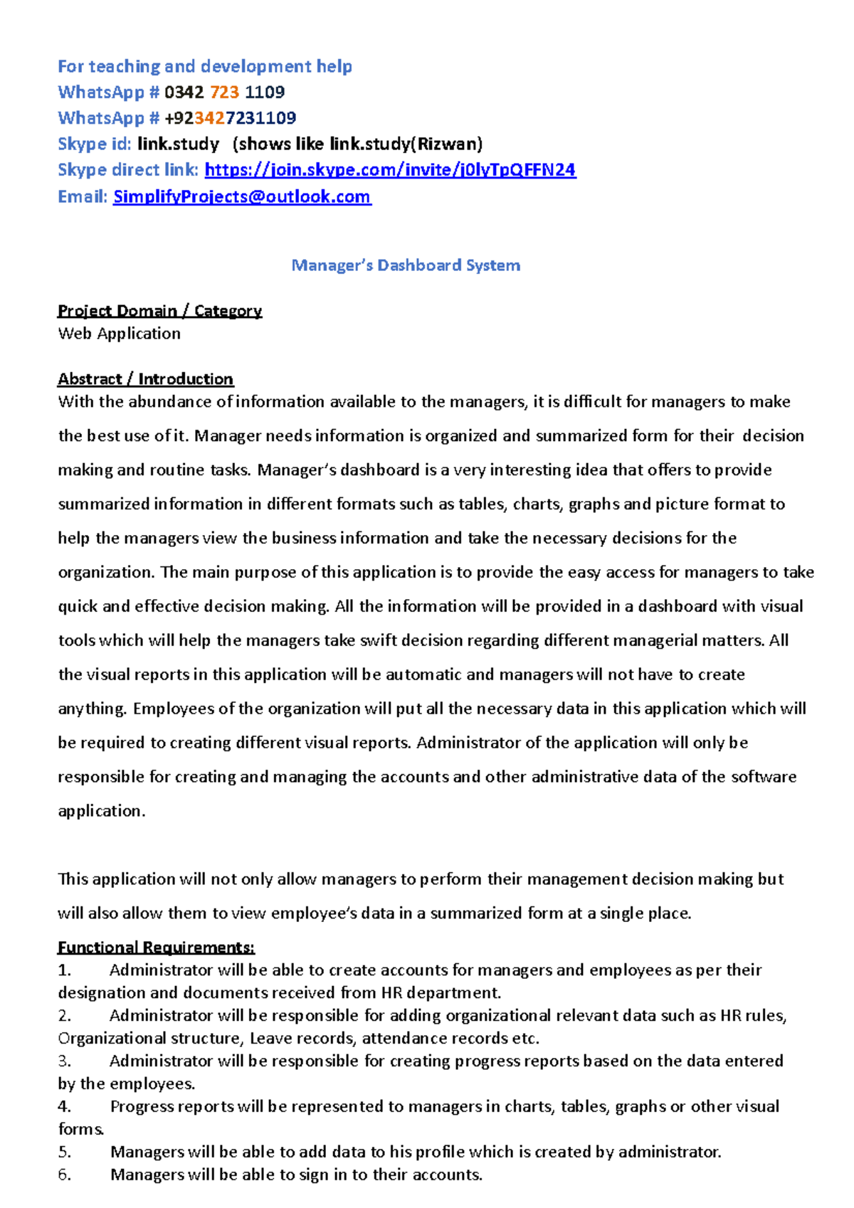 Manager’s Dashboard System - For teaching and development help WhatsApp ...