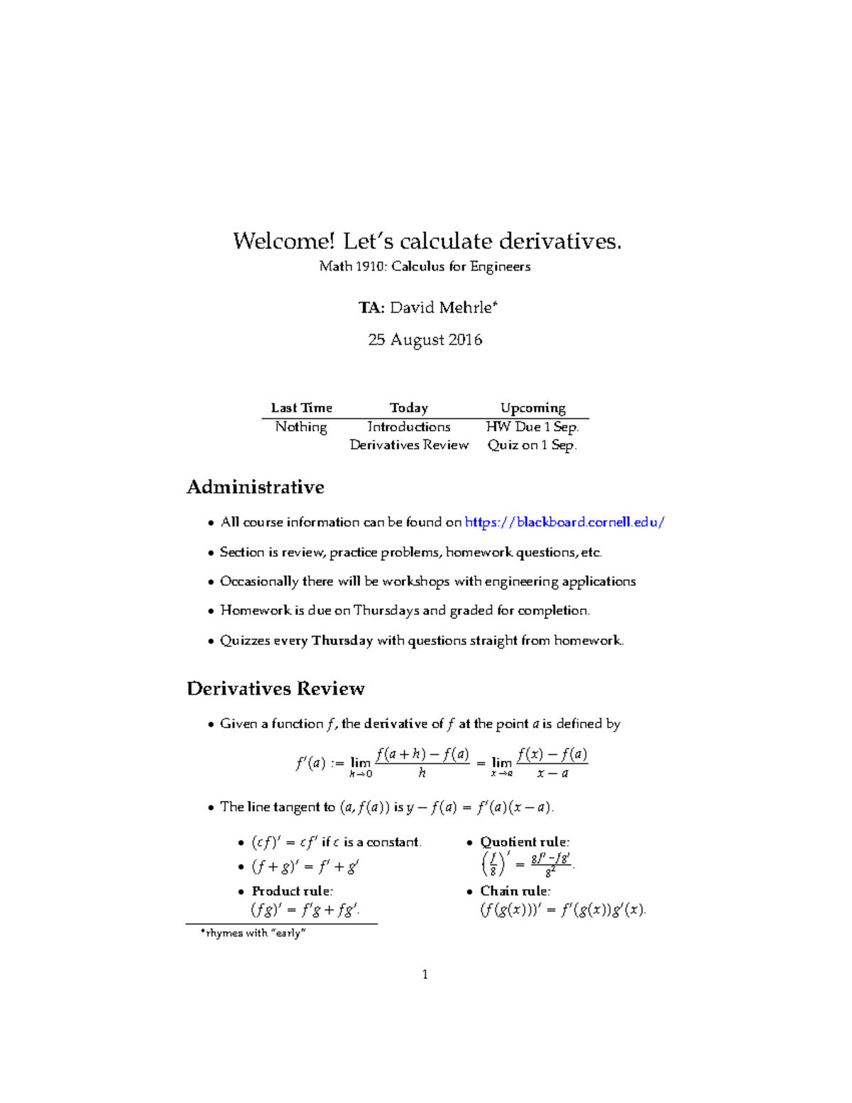 1910f16-handout 01sol - Welcome! Let’s calculate derivatives. Math 1910 ...
