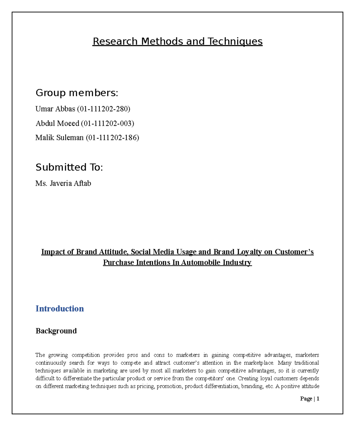 RMT - rmt final project - Research Methods and Techniques Group members: Umar Abbas (01-111202 ...