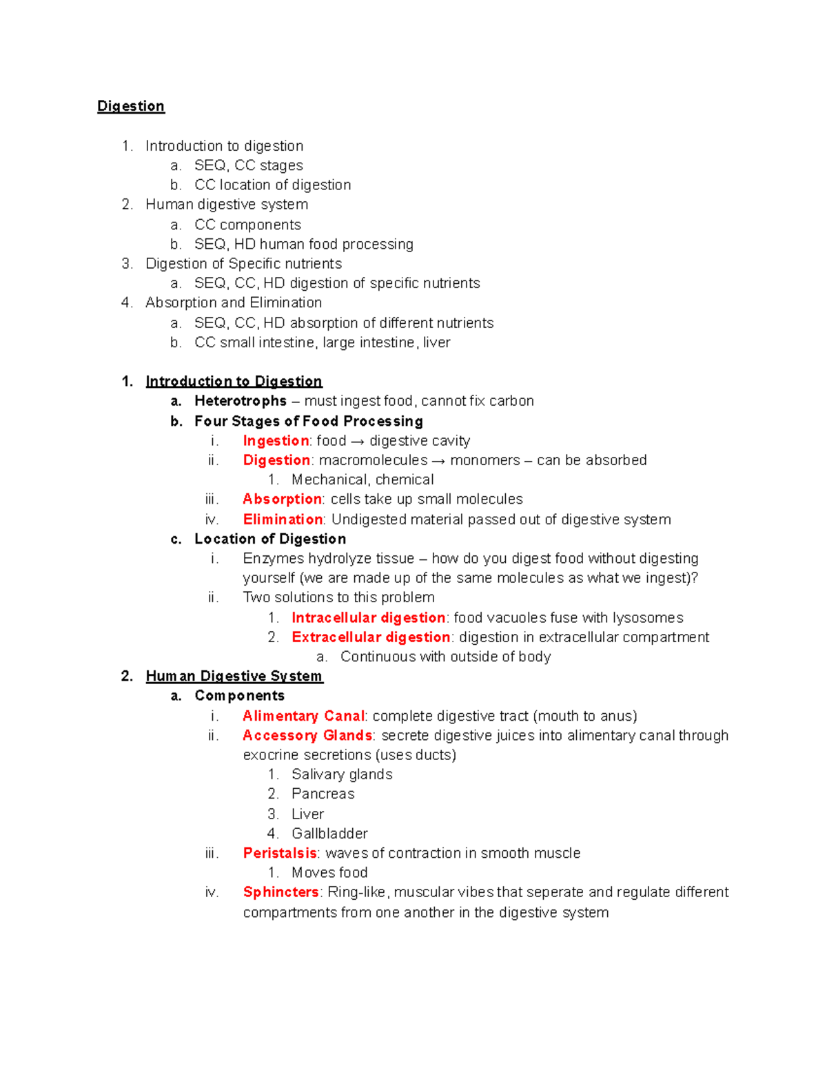 Digestion Lecture Notes Digestion 1 Introduction To Digestion A Seq Cc Stages B Cc