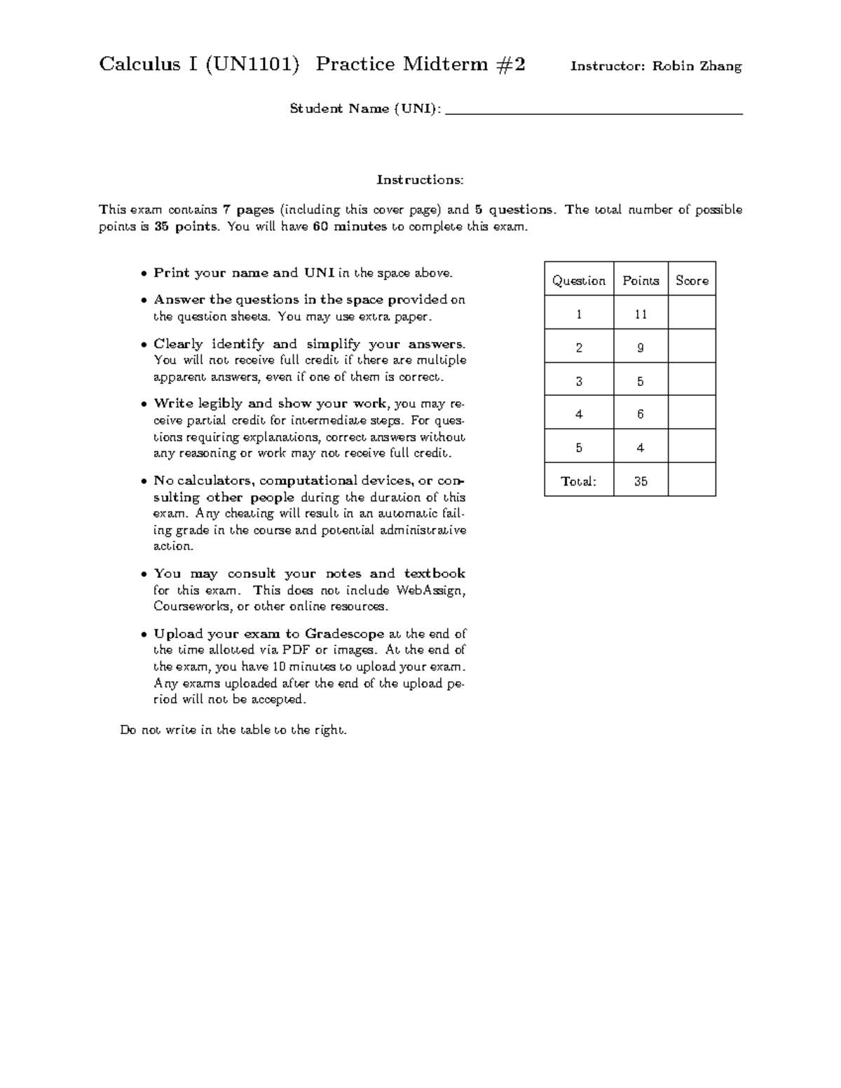 Calc f20 practice midterm ii - Calculus I (UN1101) Practice Midterm #2 ...