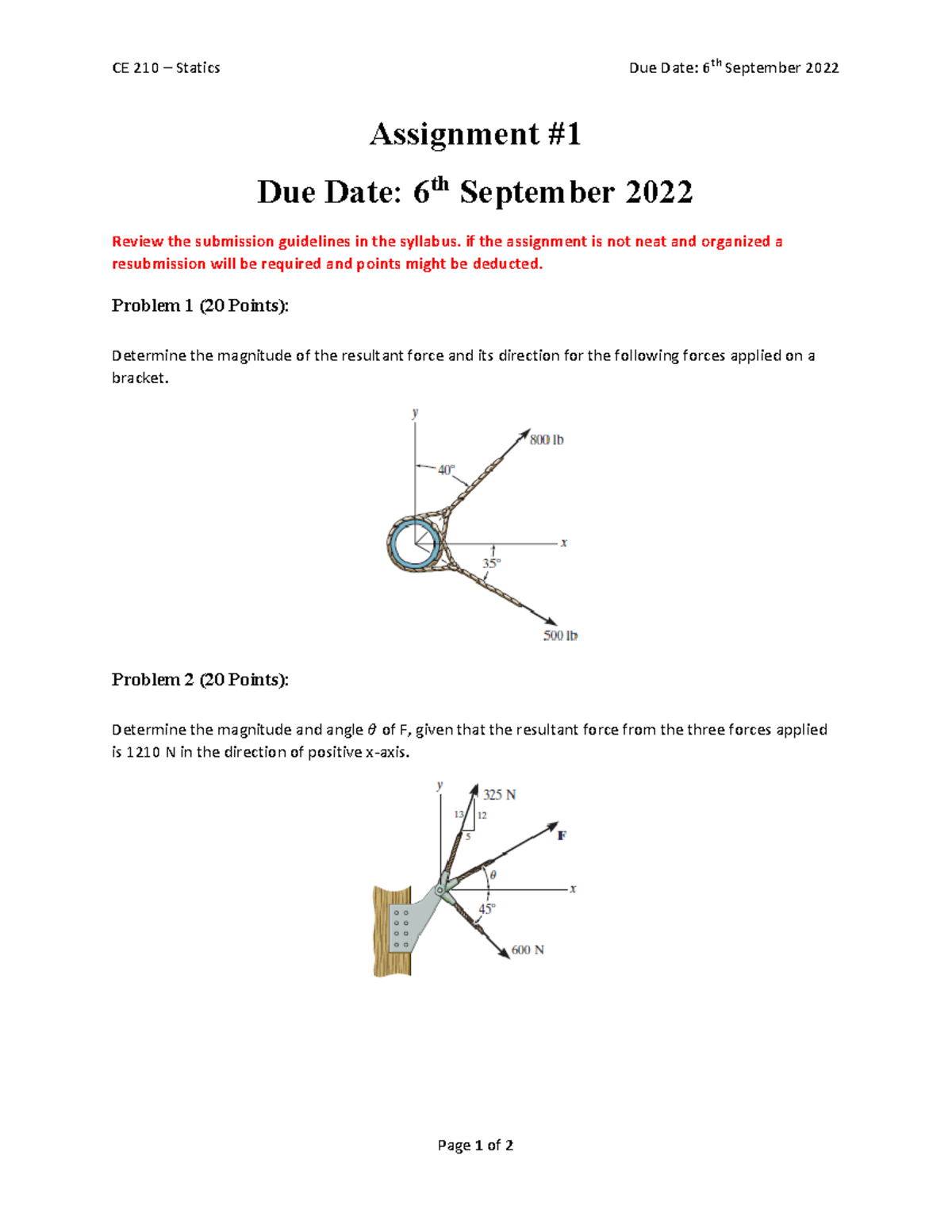 Assignment 1 Ce 210 Statics Due Date 6 Th September 2022 Page 1 Of 2 Assignment Due Date