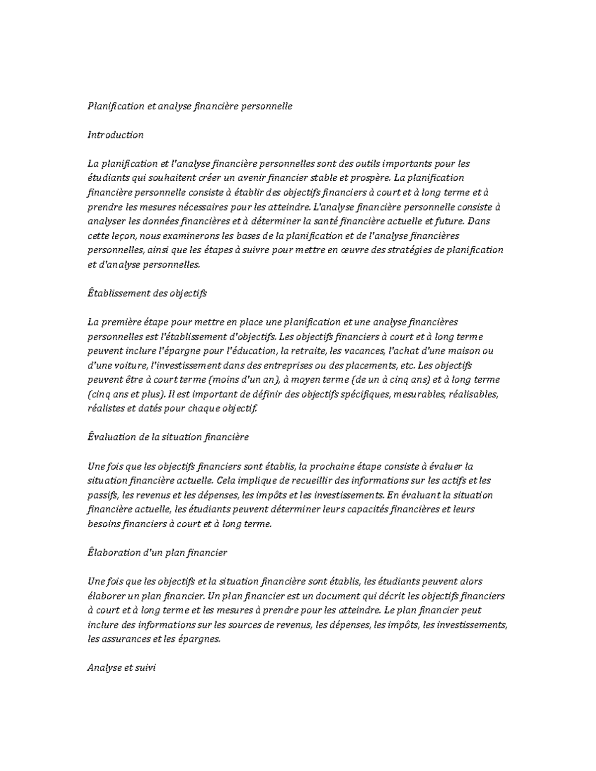 Personal Financial Planning And Analysis Note Study Planification Et