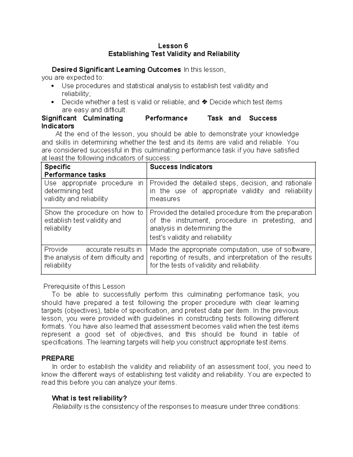 Lesson 6 Establishing Test Validity and REliablity - Lesson 6 ...