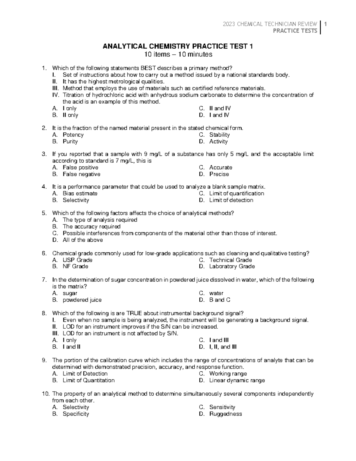 Ch T Analytical Chemistry PT 1 - 2023 CHEMICAL TECHNICIAN REVIEW ...