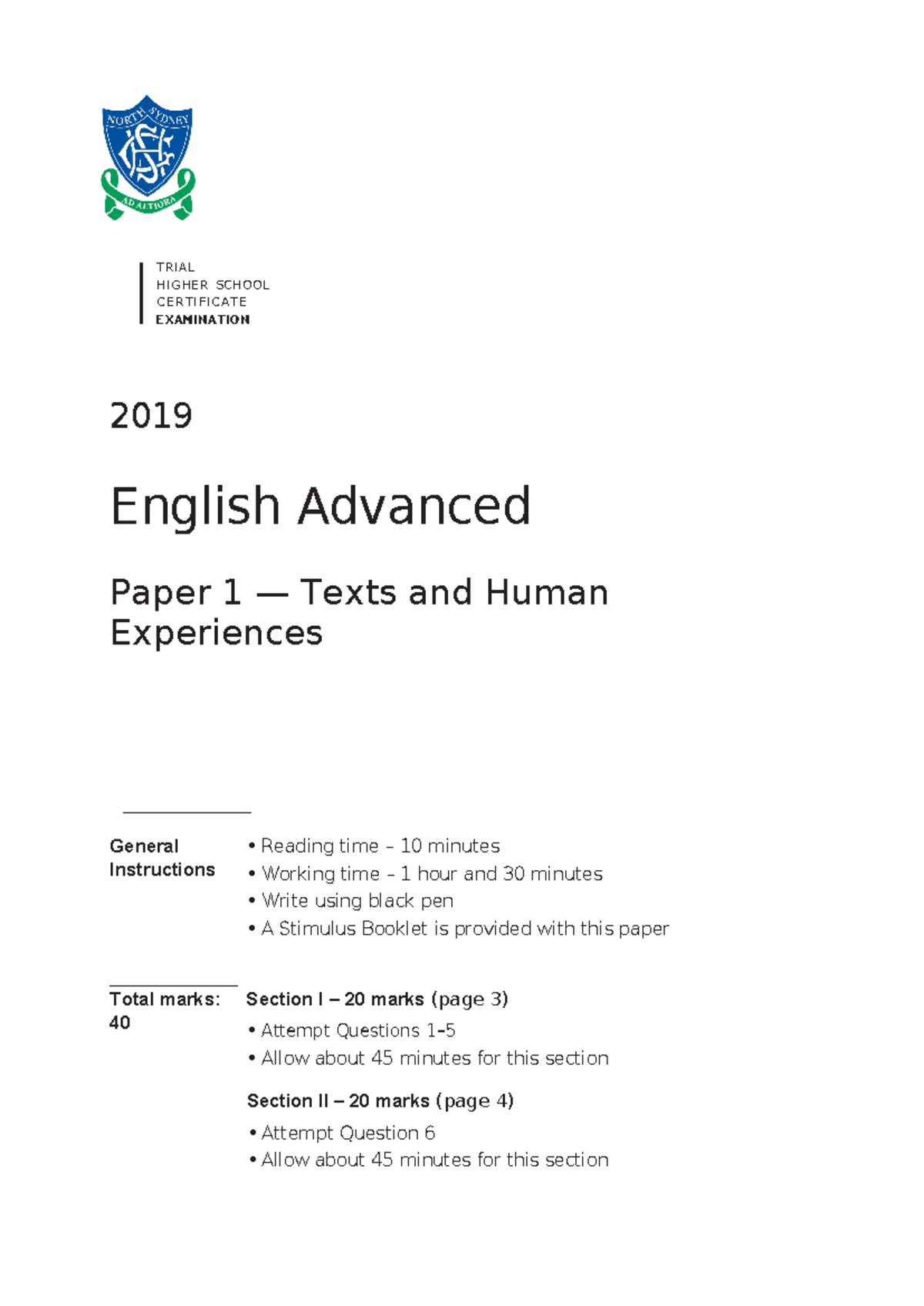 NSG Advanced Paper 1 2019 - TRIAL HIGHER SCHOOL CERTIFICATE EXAMINATION ...