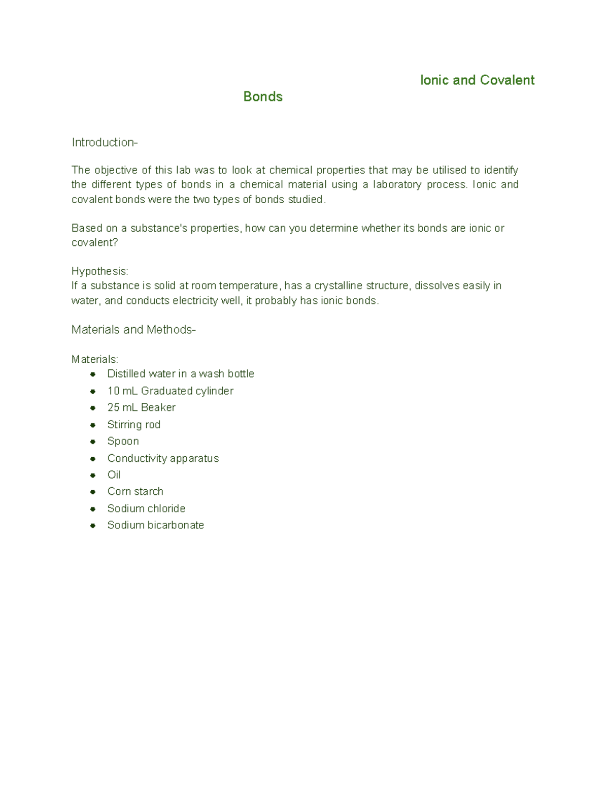 Lab Report Ionic & Covalent Bonds - Ionic and Covalent Bonds ...