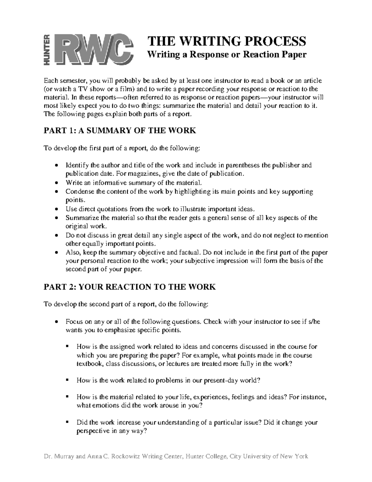 Writing a Response or Reaction Paper - THE WRITING PROCESS Writing a ...