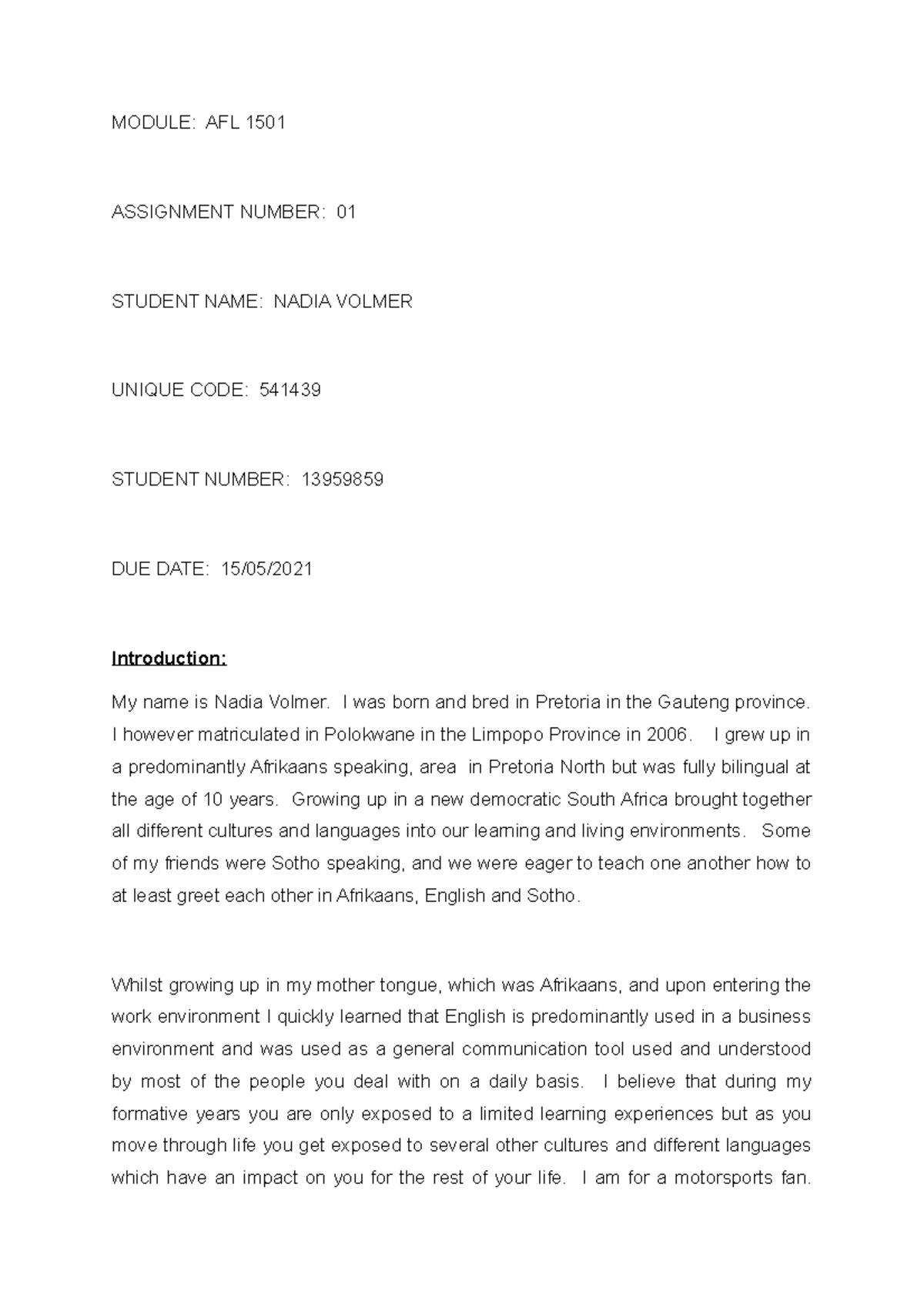 Assignments for various courses offered by UNISA - MODULE: AFL 1501 ASSIGNMENT NUMBER: 01 ...