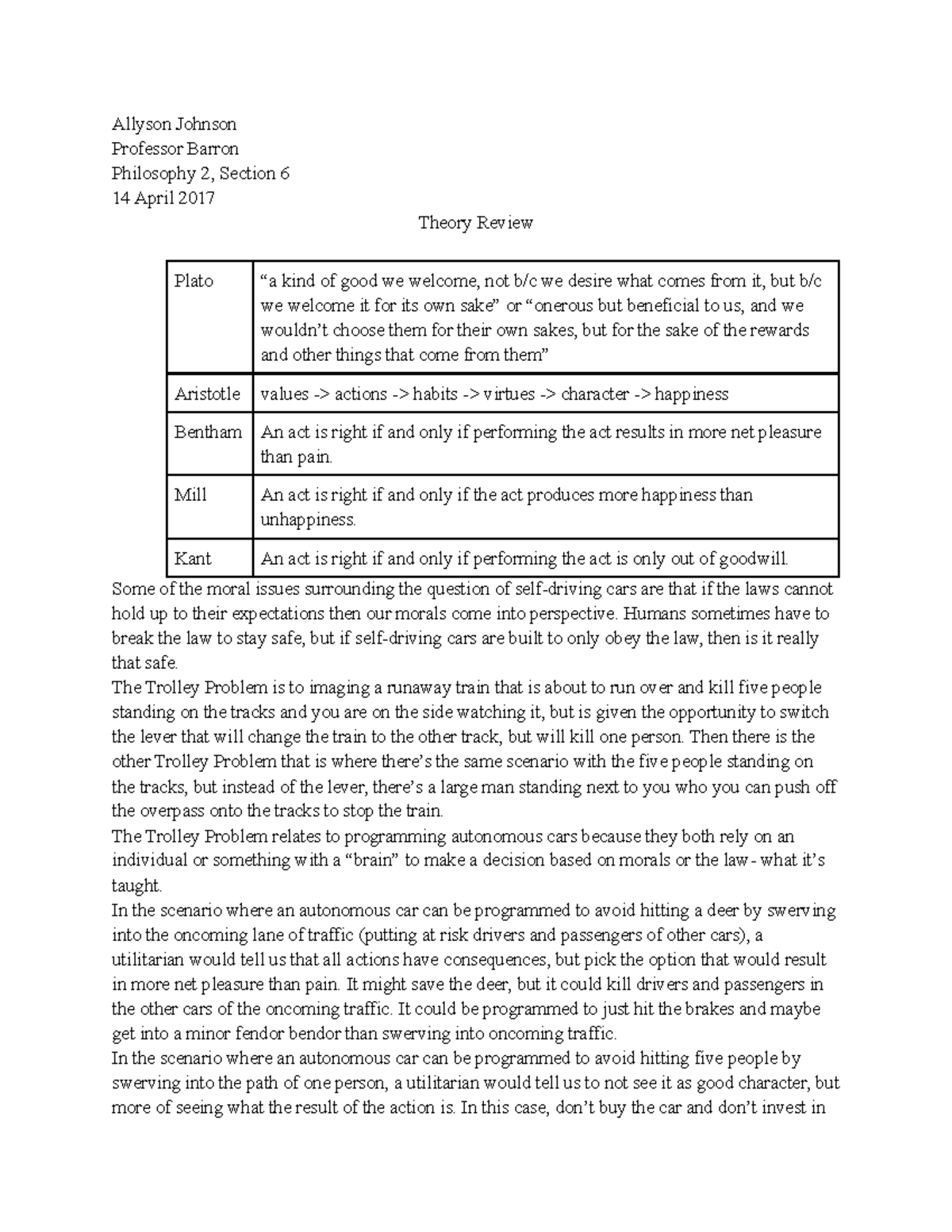 Theory Review - Allyson Johnson Professor Barron Philosophy 2, Section ...