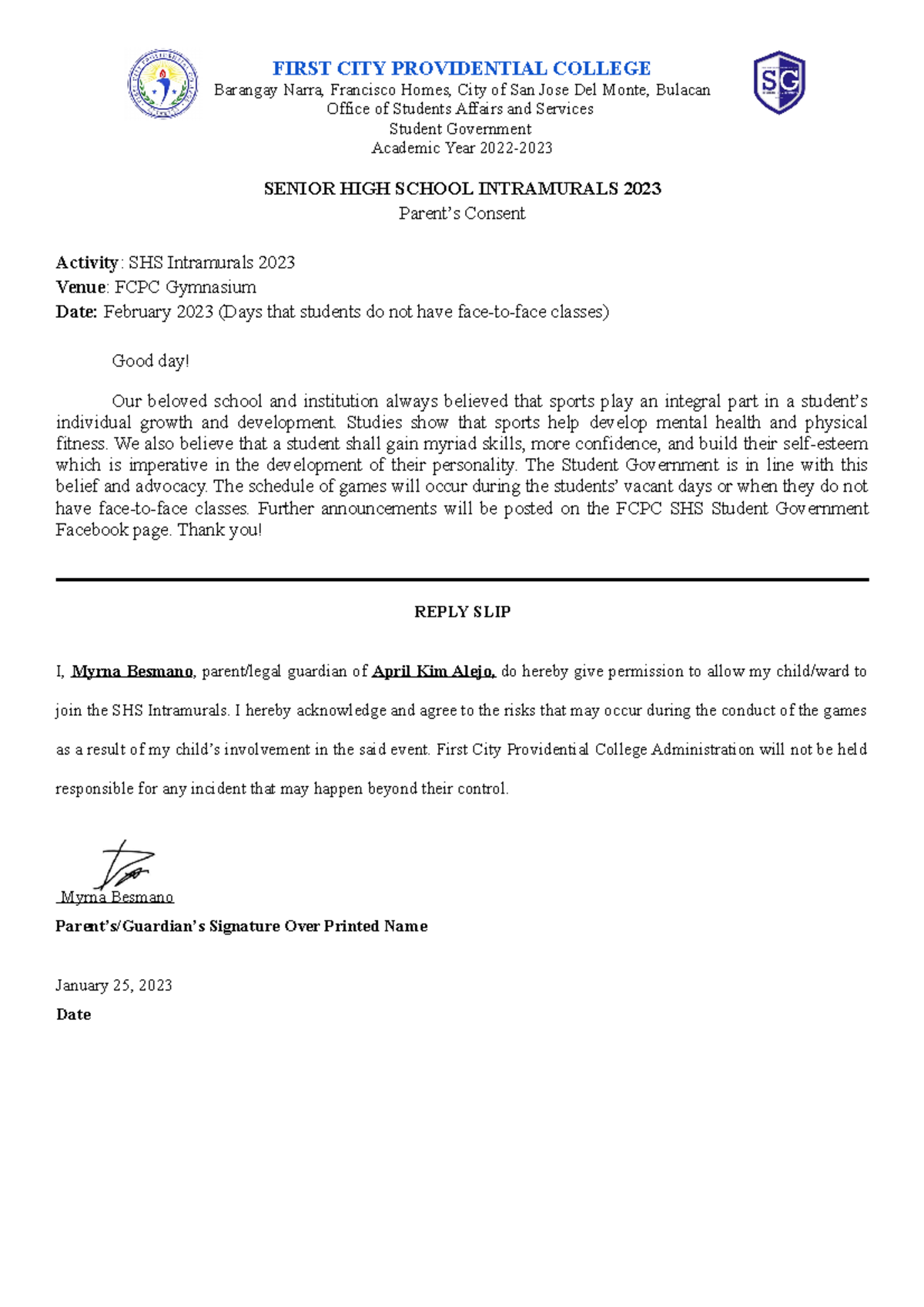 Alejo-Consent - dsadsa - FIRST CITY PROVIDENTIAL COLLEGE Barangay Narra ...