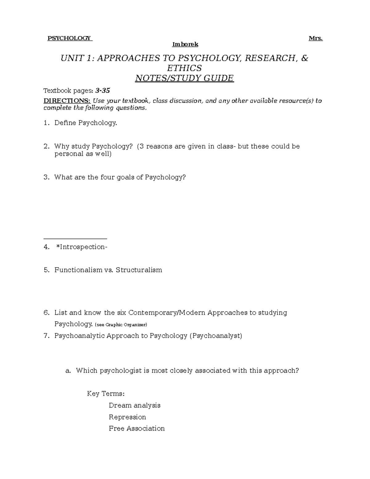 Unit 1 notes study guide intro history research - PSYCHOLOGY Mrs ...