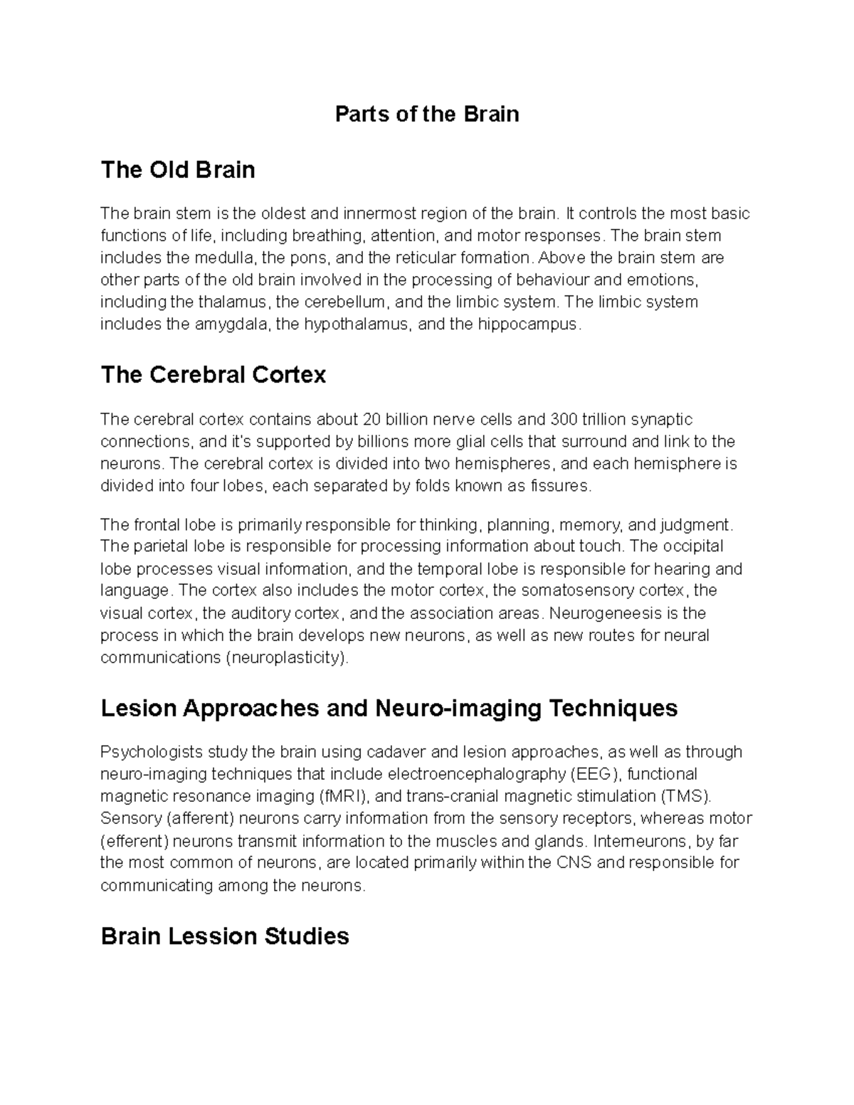 Parts of the Brain and Brain Function - Studocu