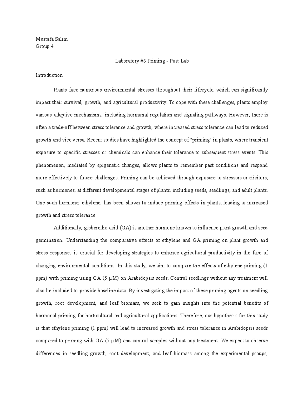 Laboratory #5 Priming - Post Lab - To cope with these challenges, plants employ various adaptive ...