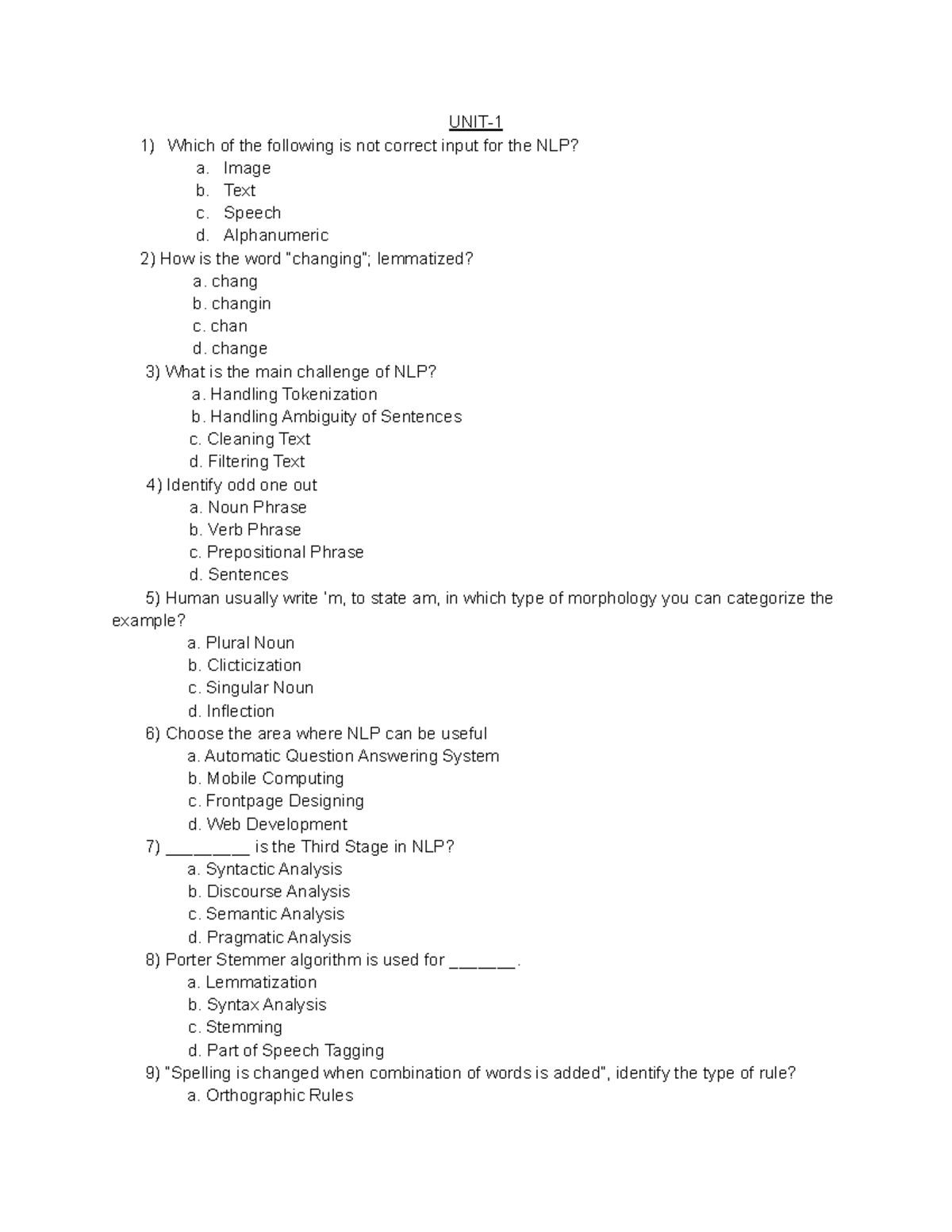 NLP Semester MCQ'S - Natural Language Processing - UNIT- Which of the following is not correct ...