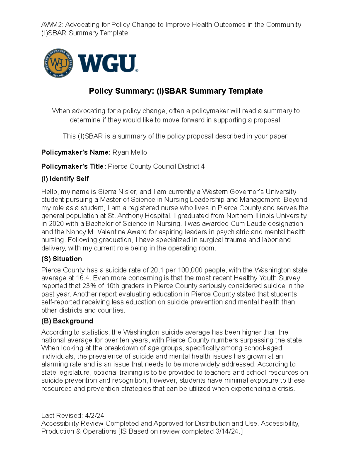 (I)SBAR Summary PDF - AWM2: Advocating for Policy Change to Improve ...