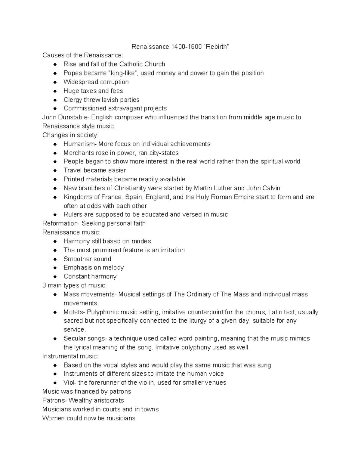 Renaissance Part 1 Music and Culture Lecture Notes - Renaissance 1400 ...