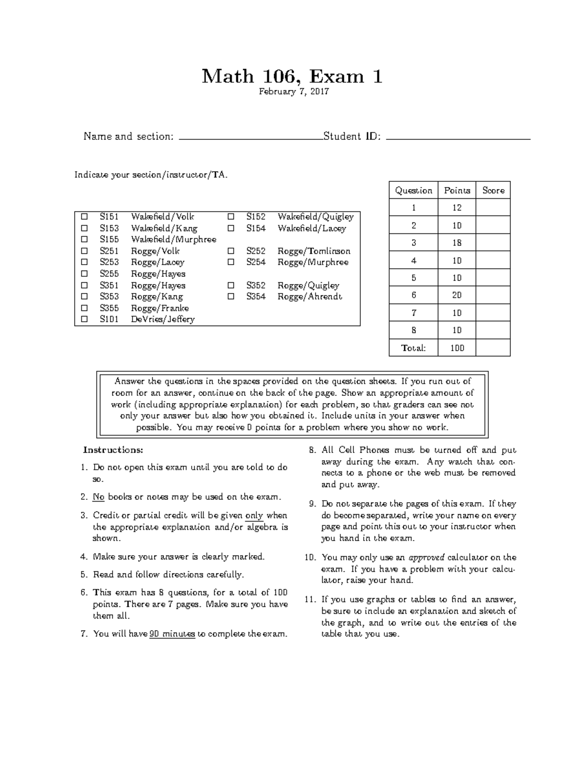 Old Exam 2v1S17 - calc exam - Math 106, Exam 1 February 7, 2017 Name ...
