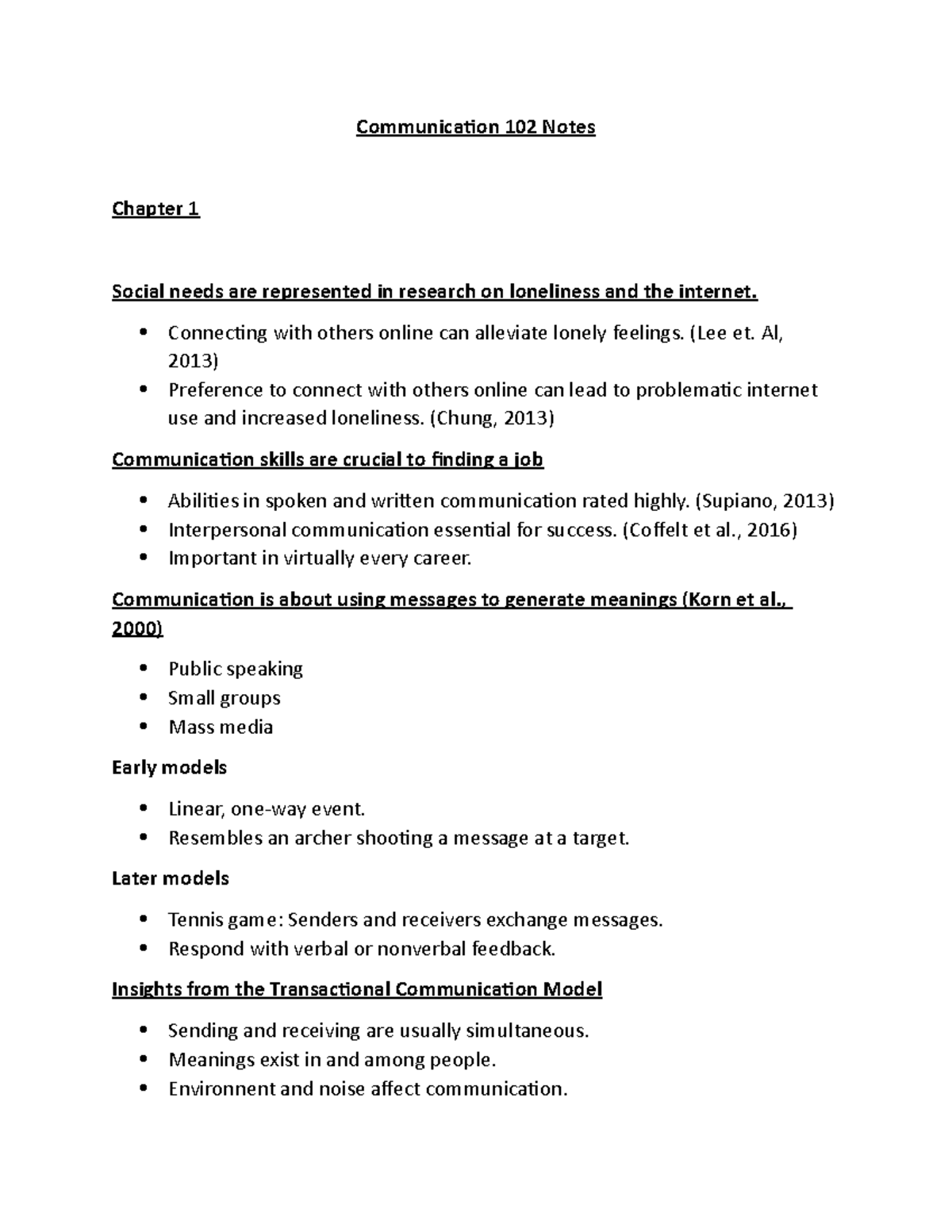 Comm 102 Notes - Communication 102 Notes Chapter 1 Social needs are ...
