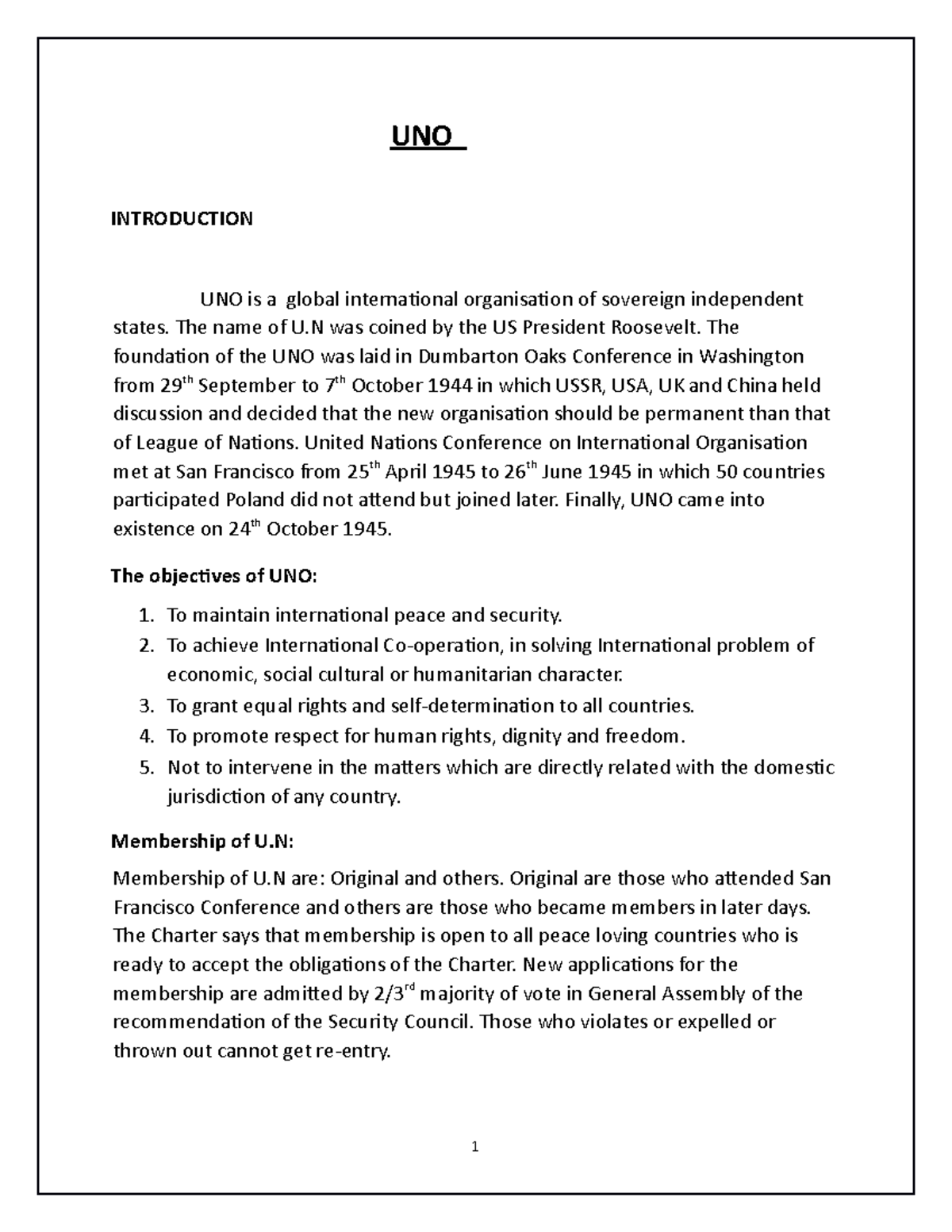 UNO Introduction - Lecture notes 5-6 - UNO INTRODUCTION UNO is a global ...