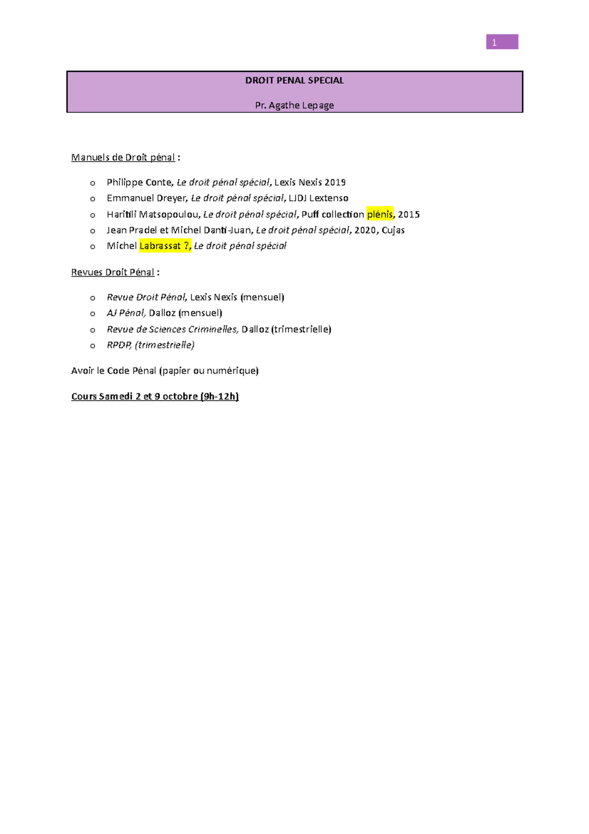 Penal camille - assas - DROIT PENAL SPECIAL Pr. Agathe Lepage Manuels ...