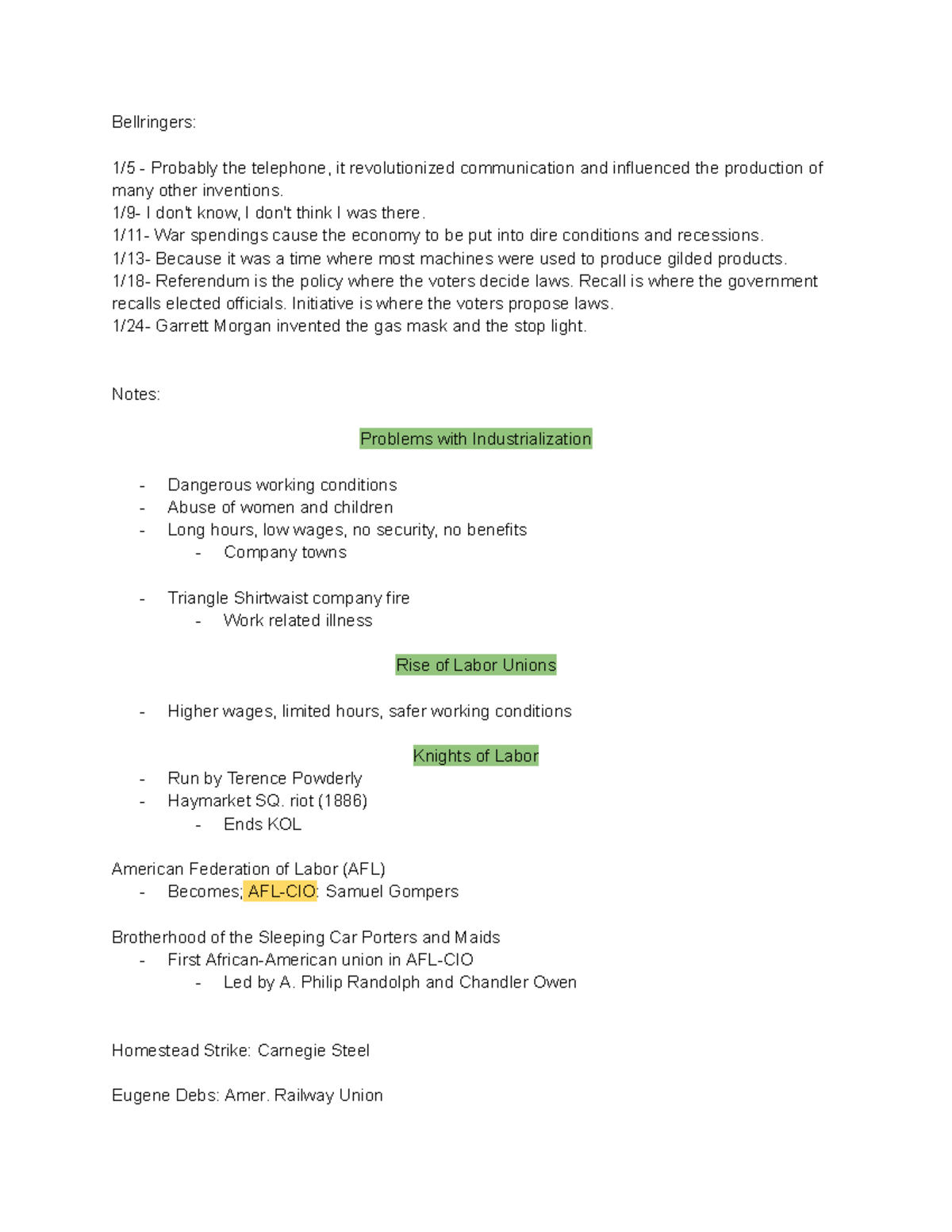 History unit 9 - notes - Bellringers: 1/5 - Probably the telephone, it ...