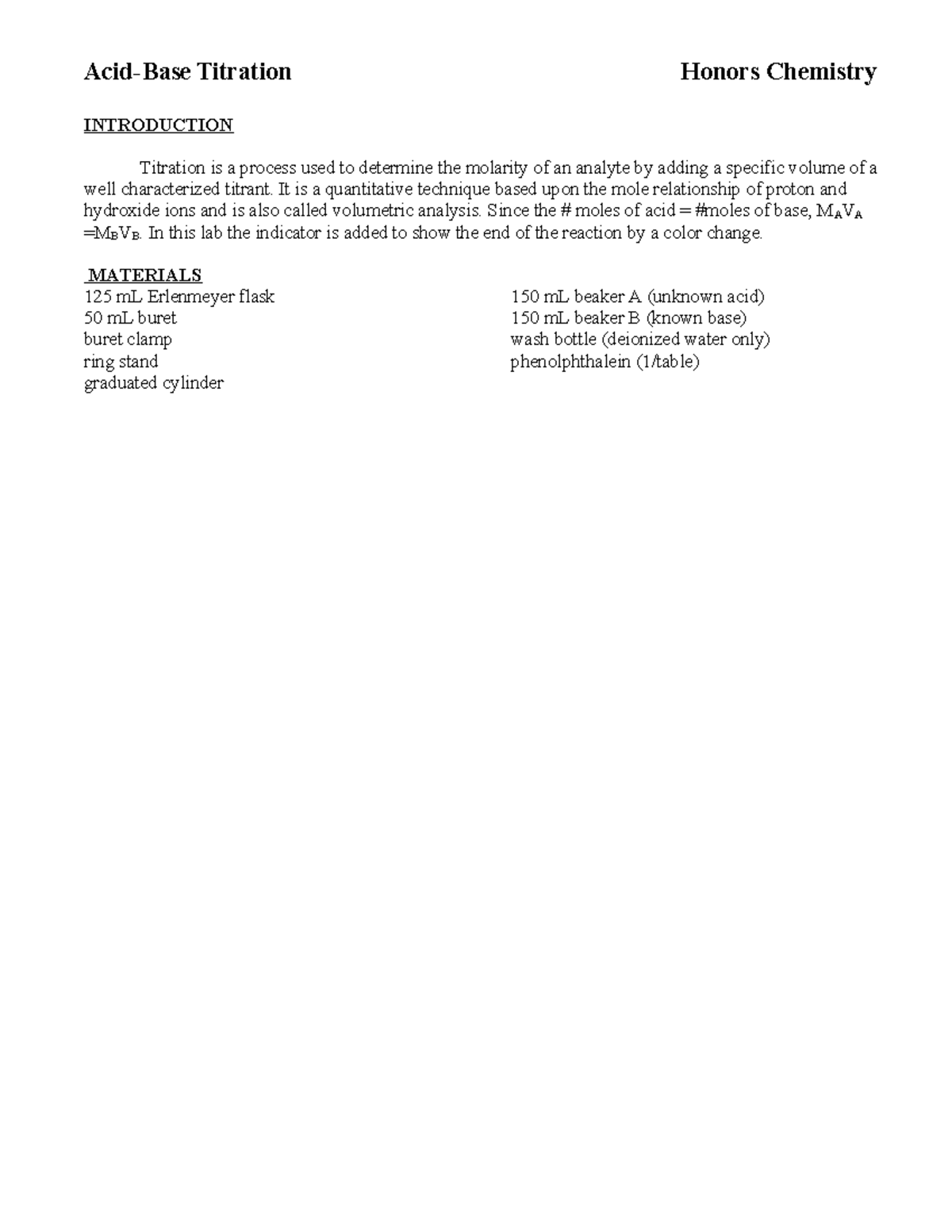 Titration Lab - Acid-Base Titration Honors Chemistry INTRODUCTION ...