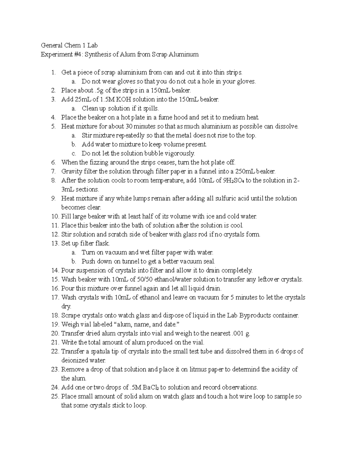 GenChem Experiment 4 Pre-Lab - General Chem 1 Lab Experiment #4: Synthesis of Alum from Scrap ...