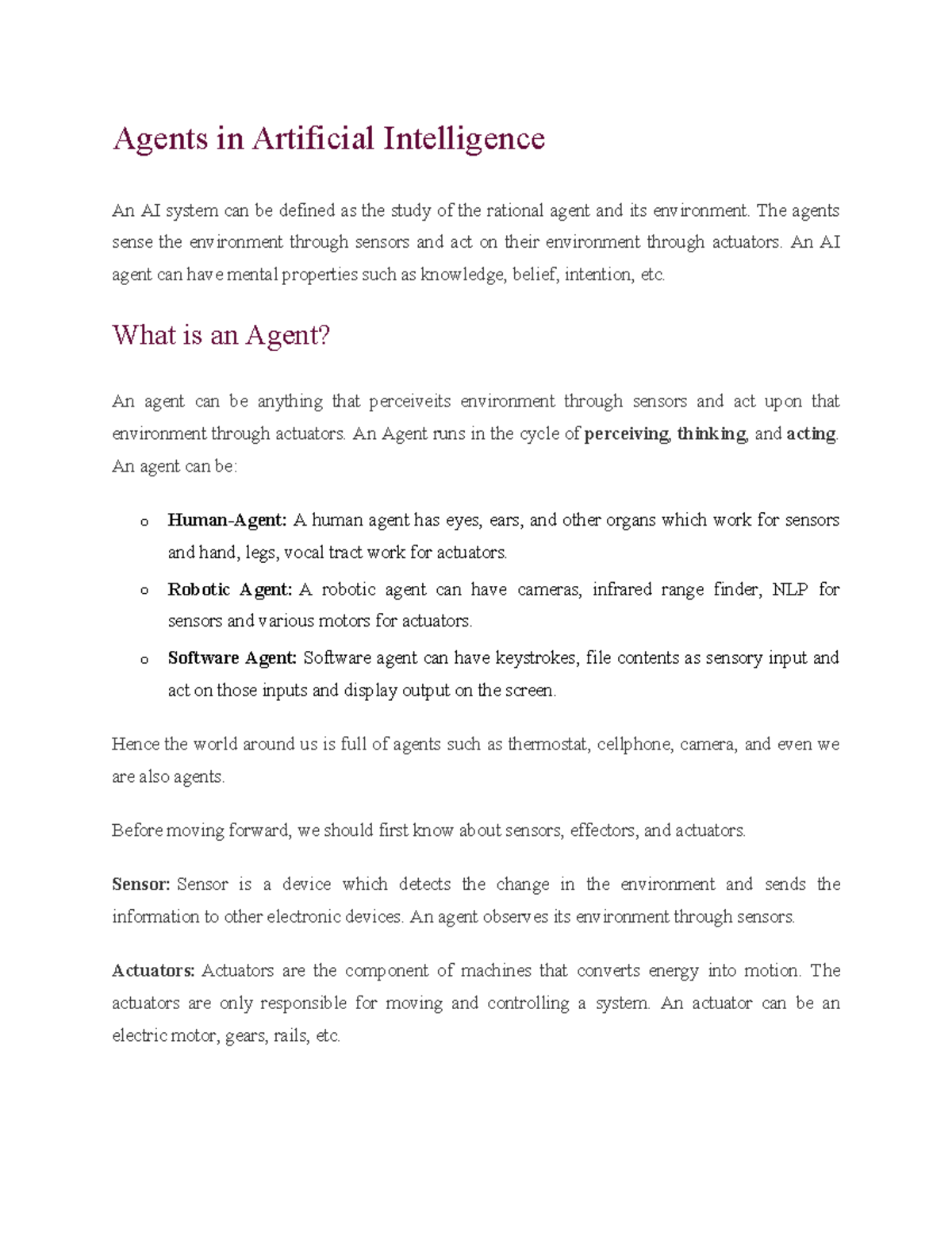 Intelligent agent - Computer Science - UoK - Studocu